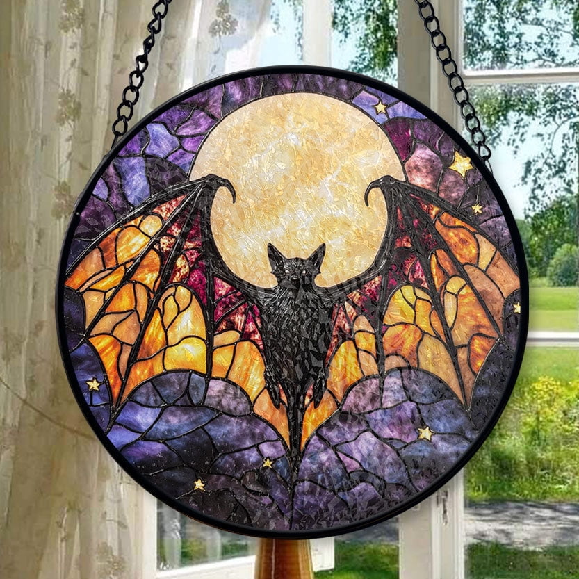 Bat Stained Glass Suncatcher, Full Moon Design, Halloween Window Decor ...