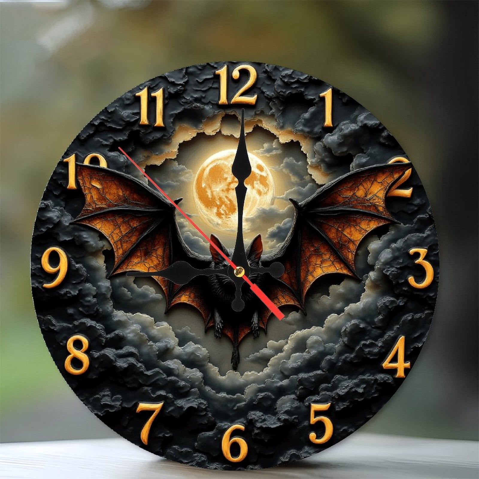 Bat Wall Clock Halloween Decor Grey Clouds 10-Inch Silent Wooden Wall ...