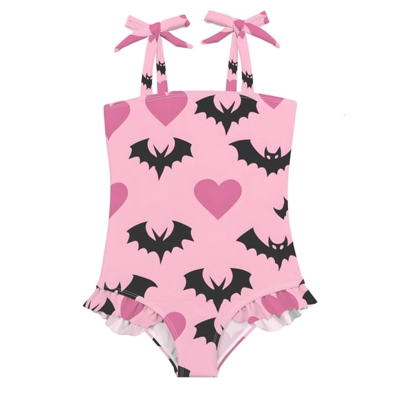 Bat and Love Pattern Girls' One-Piece Swimsuit Bowknot Tie Shoulder ...