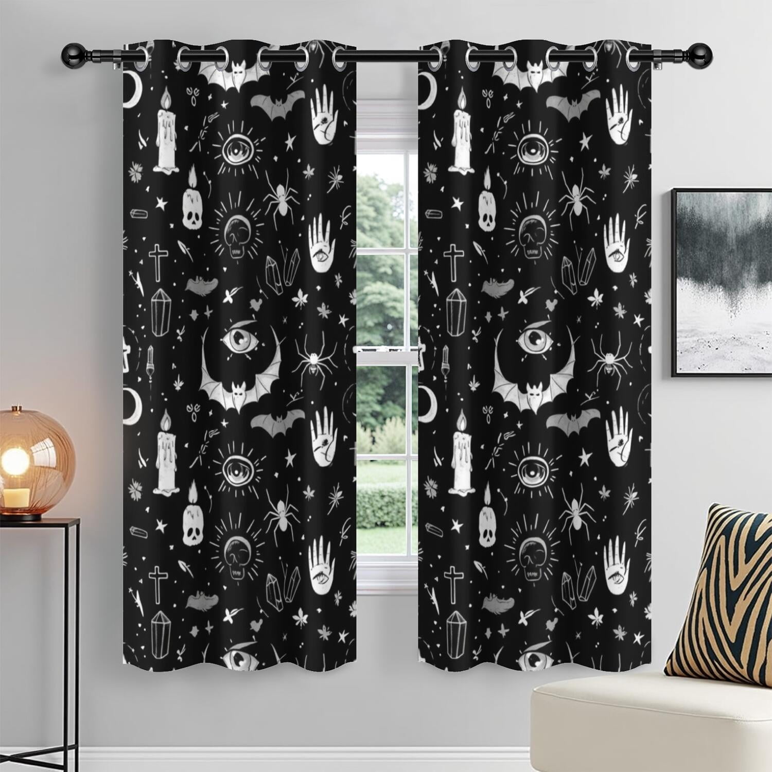Bat and Skull Gothic Pattern Blackout Curtains,Triple Weaved Fabric ...