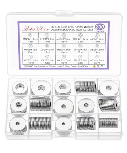 Bates- Fender Washers Assortment Kit, 230 pcs, Stainless Steel Flat ...