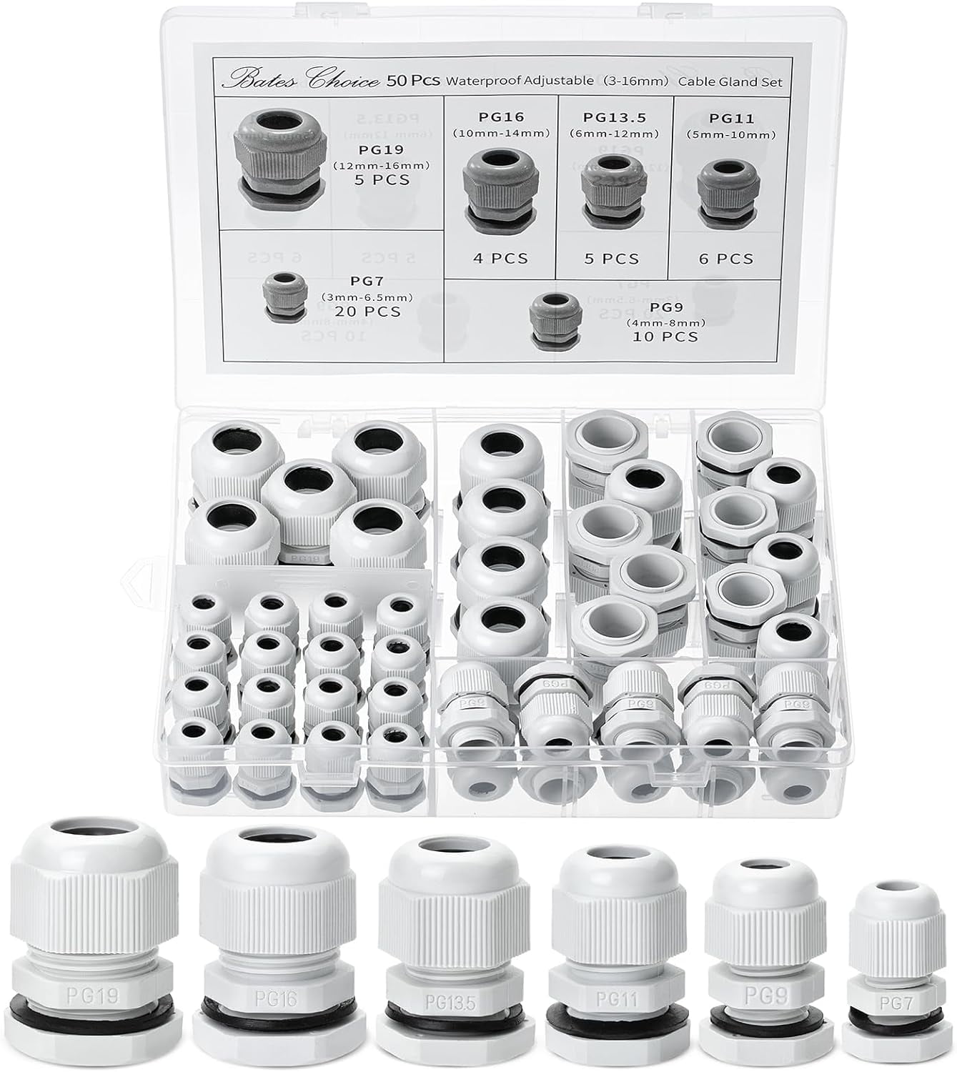 Bates- Nylon Cable Gland, 50 pcs, 3-16 mm Cable Gland Connectors, PG7 ...