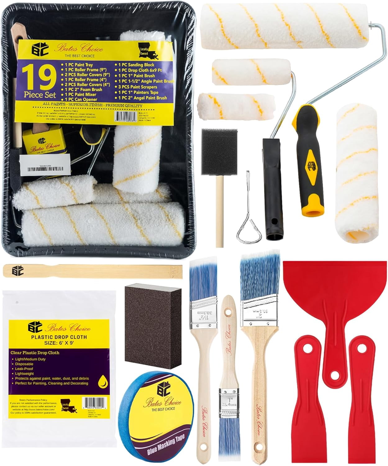 Bates- Paint Roller Kit, 19 pcs, Roller Set with Microfiber Sleeves ...