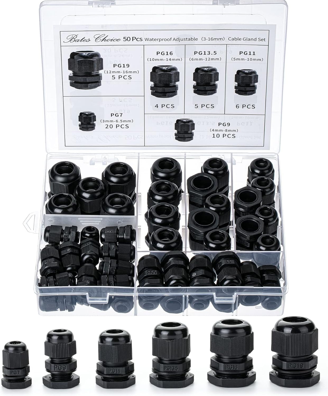 Bates- Nylon Cable Gland, 50 pcs, 3-16 mm Cable Gland Connectors, PG7 ...