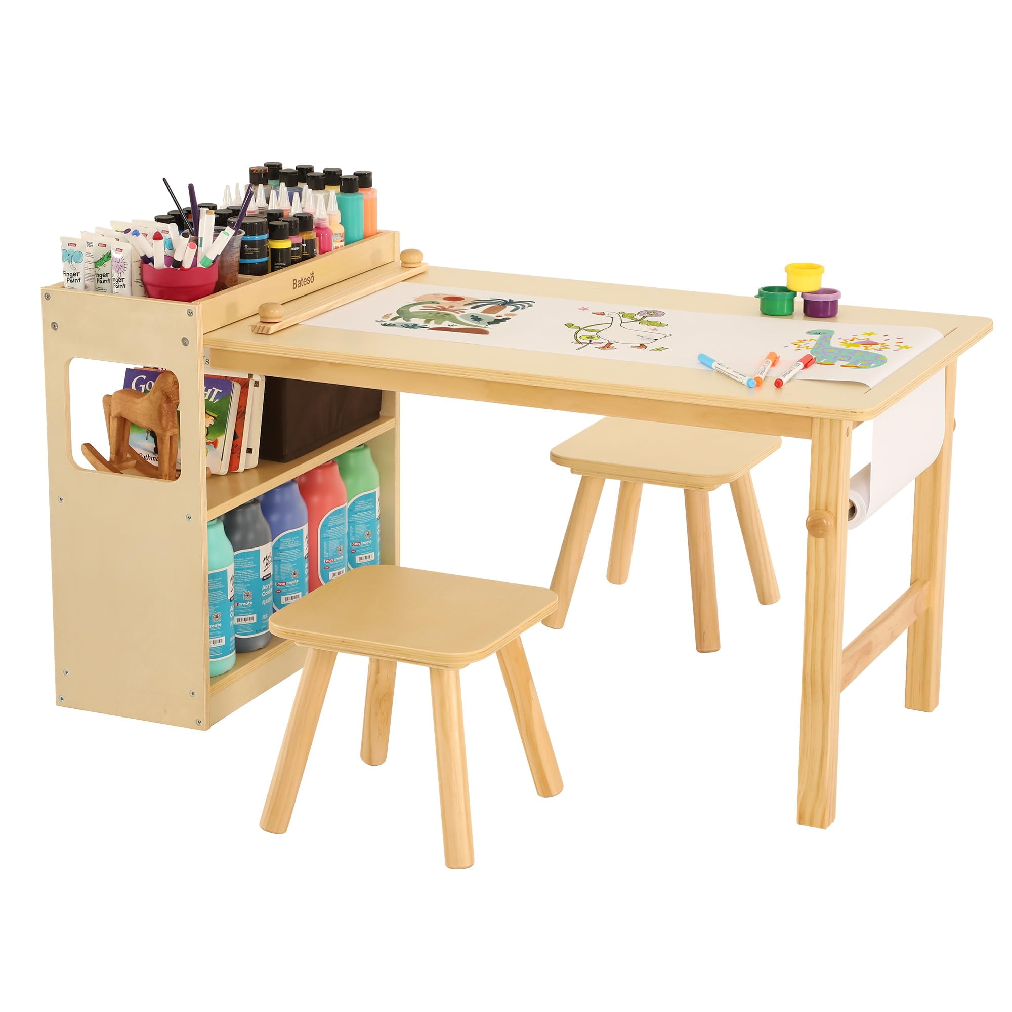 Bateso Kids Art Table and 2 Chairs with Roll Pape,Craft Table with ...