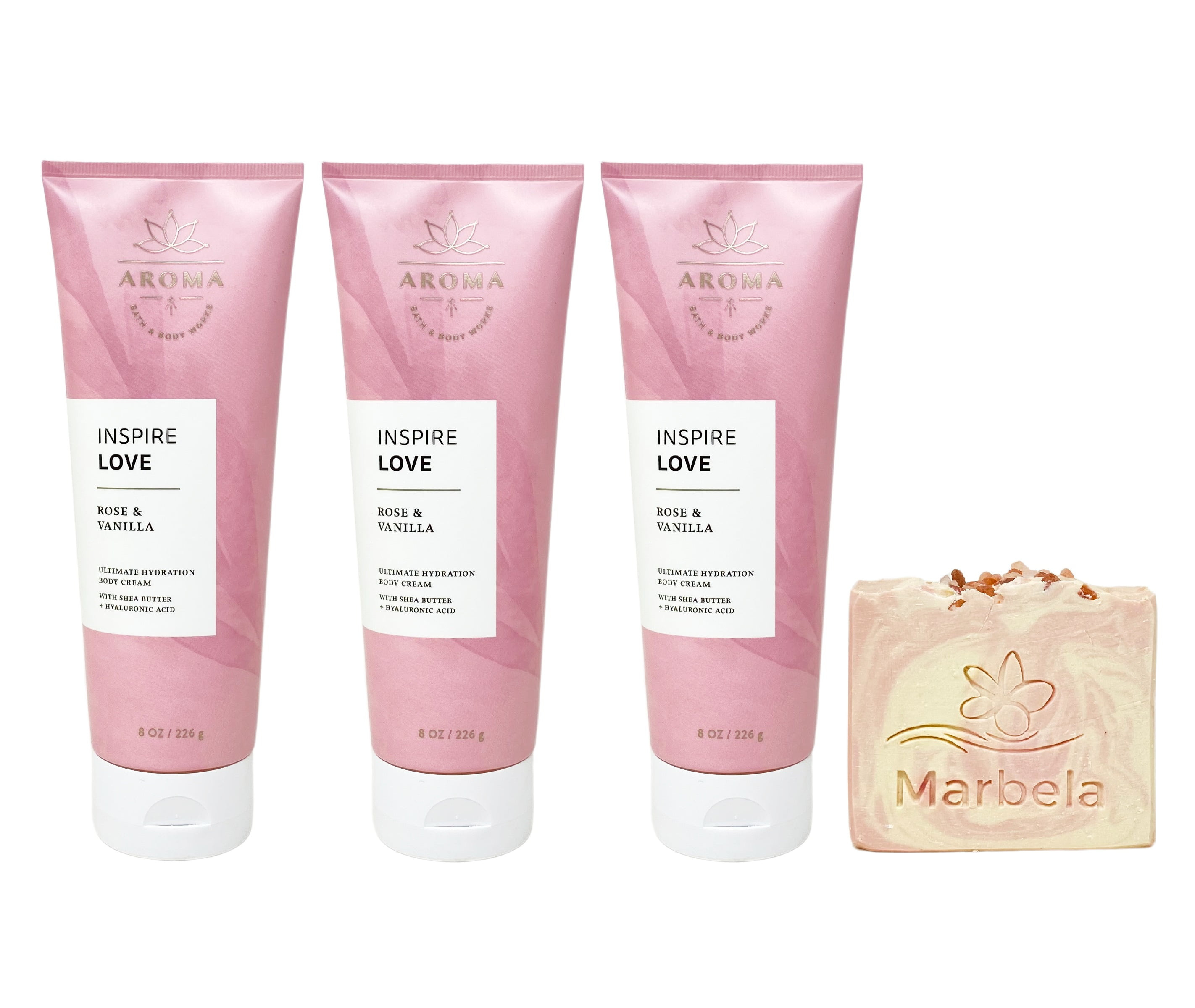 Bath & Body Works Aroma Inspire Love ROSE + VANILLA 3 Pack Body Cream Gift Set with a Marbela ...
