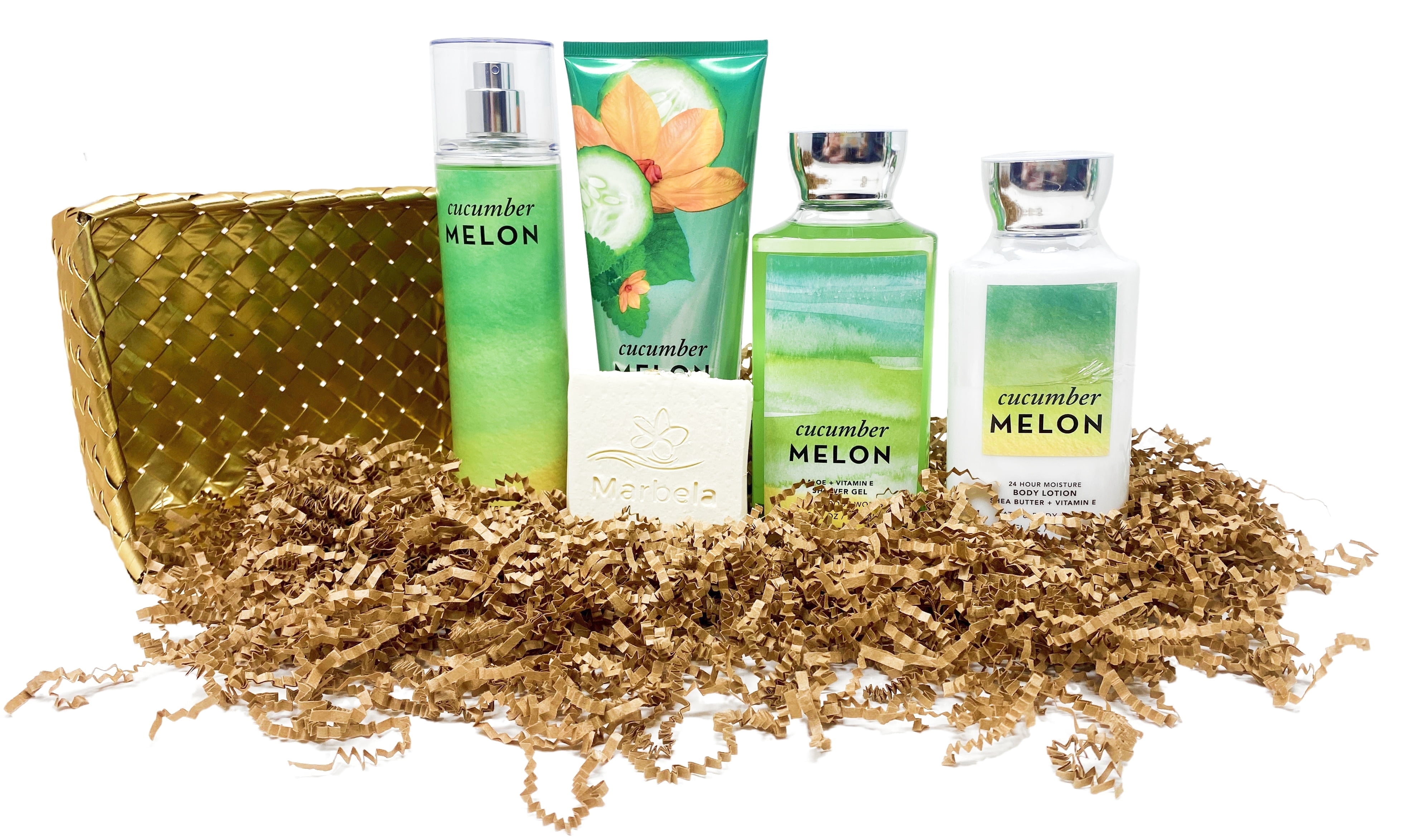Bath & Body Works Cucumber Melon Gold Woven Basket 4 Piece Gift Set ...