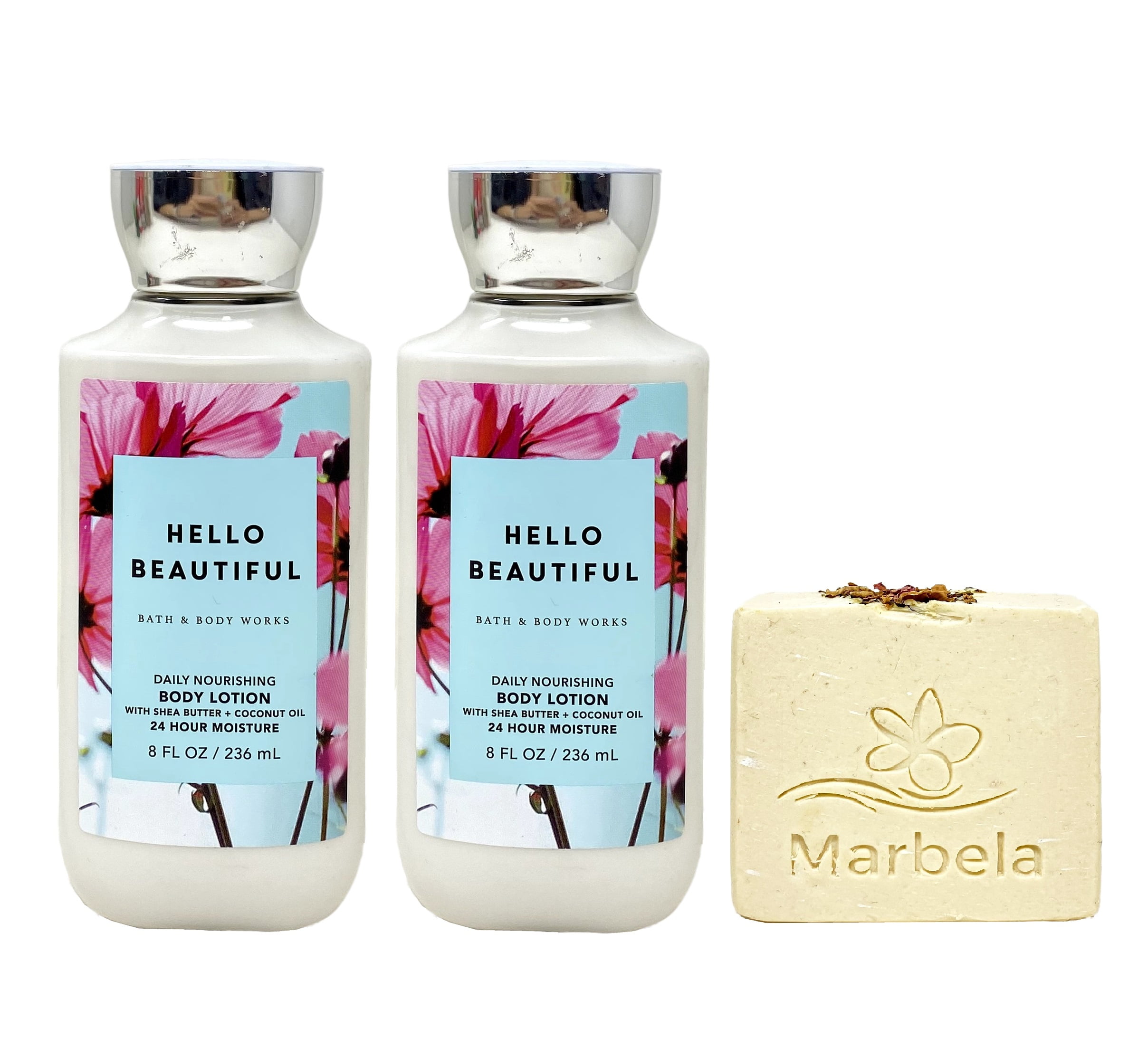 Bath & Body Works Hello Beautiful 2 Pack Body Lotion Bundle with a Marbela Creamy Rose Bar Soap ...