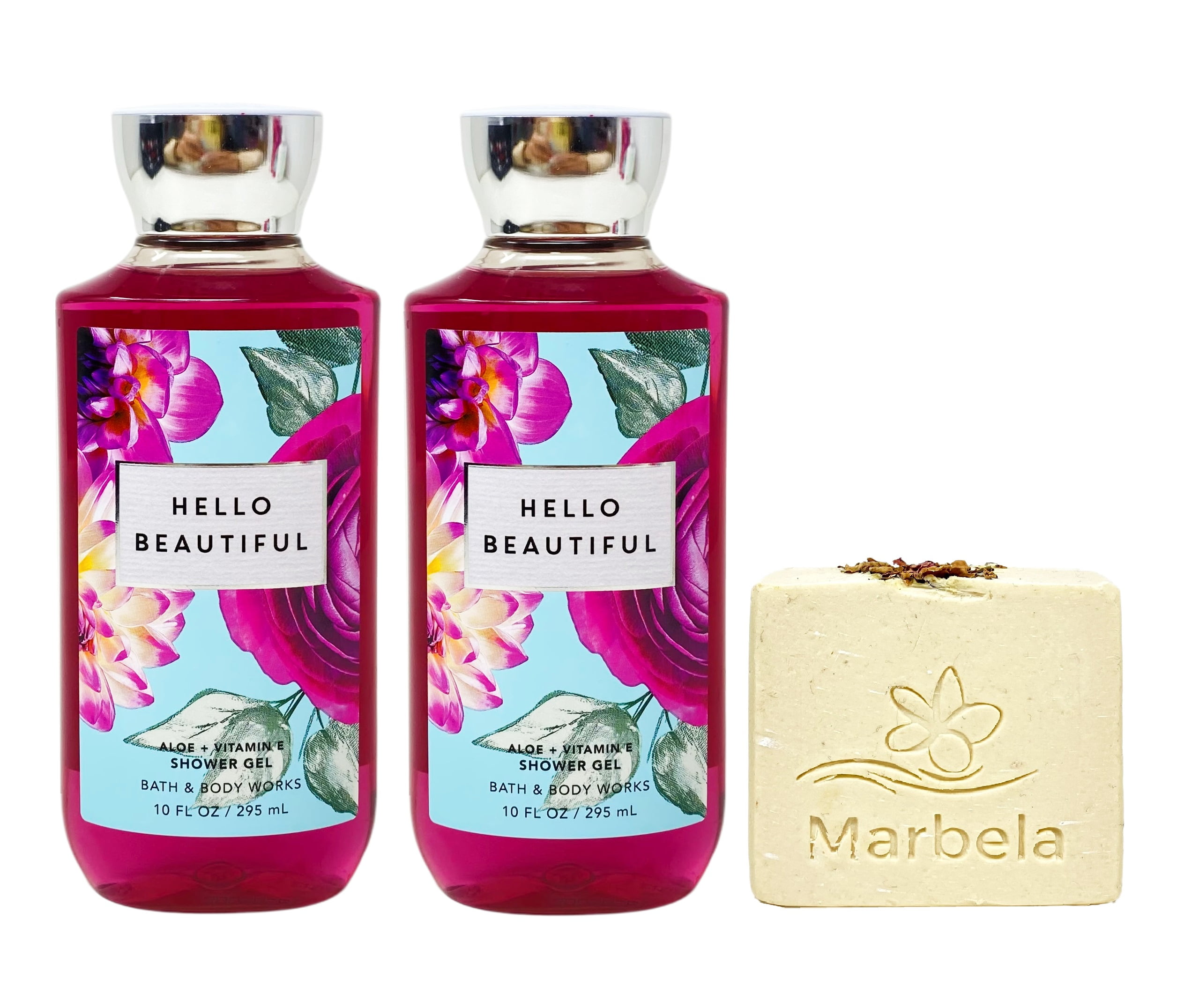Bath & Body Works Hello Beautiful 2 Pack Shower Gel Bundle with a Marbela Creamy Rose Bar Soap ...