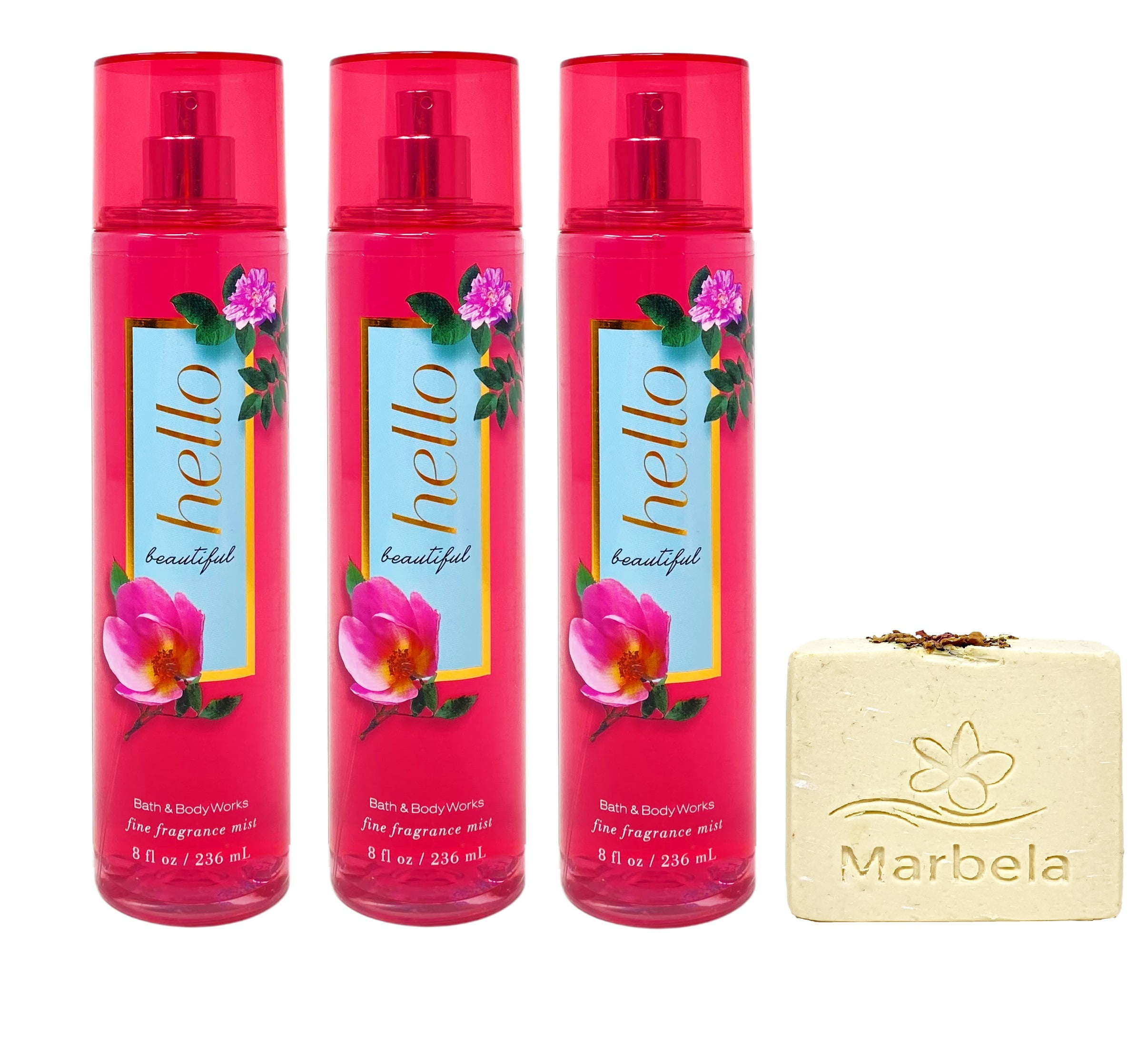 Bath & Body Works Hello Beautiful 3 Pack Fine Fragrance Mist Value Pack with a Marbela Creamy ...
