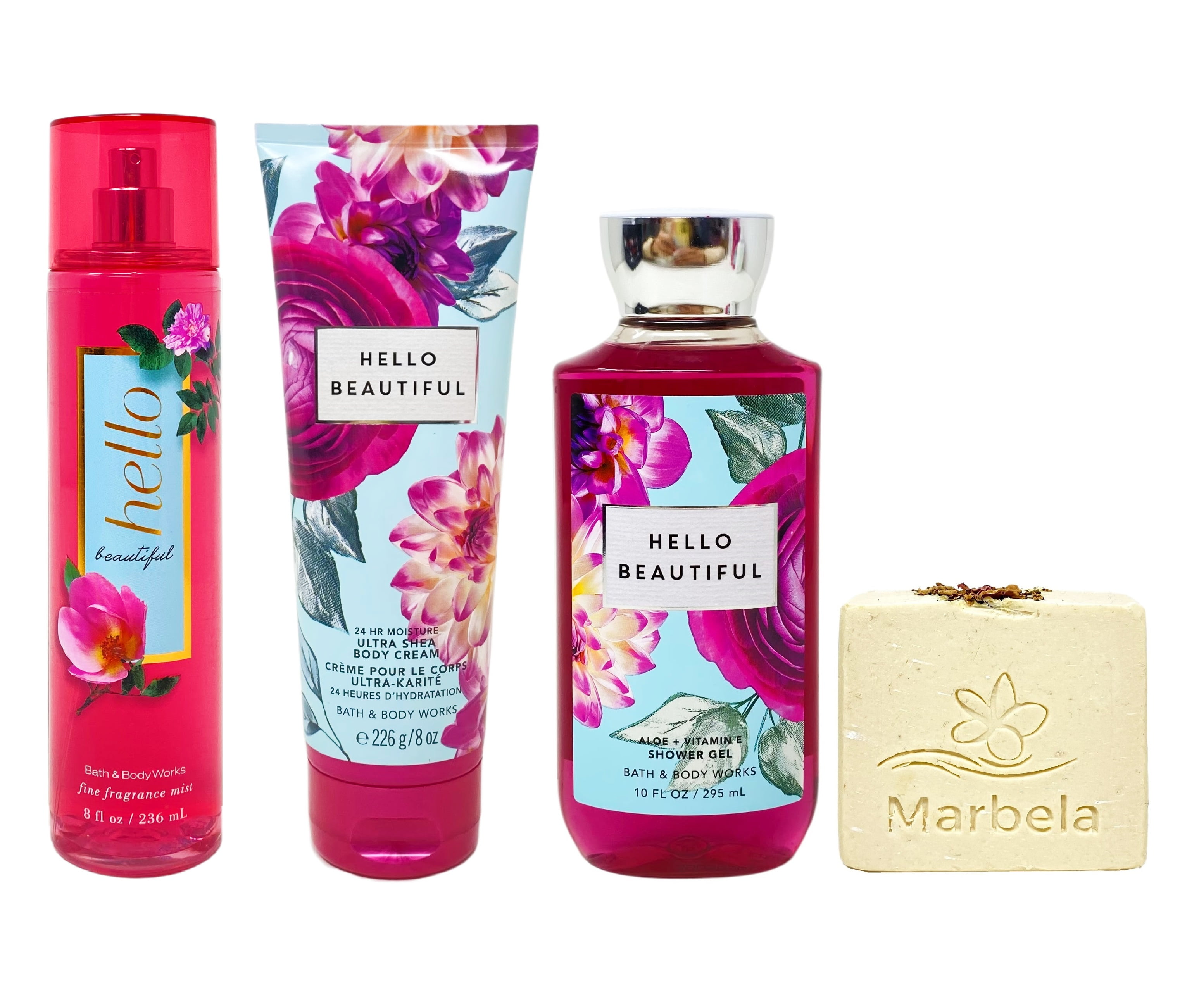 Bath & Body Works Hello Beautiful 3 Piece Bundle with a Marbela Creamy Rose Bar Soap - Fragrance ...