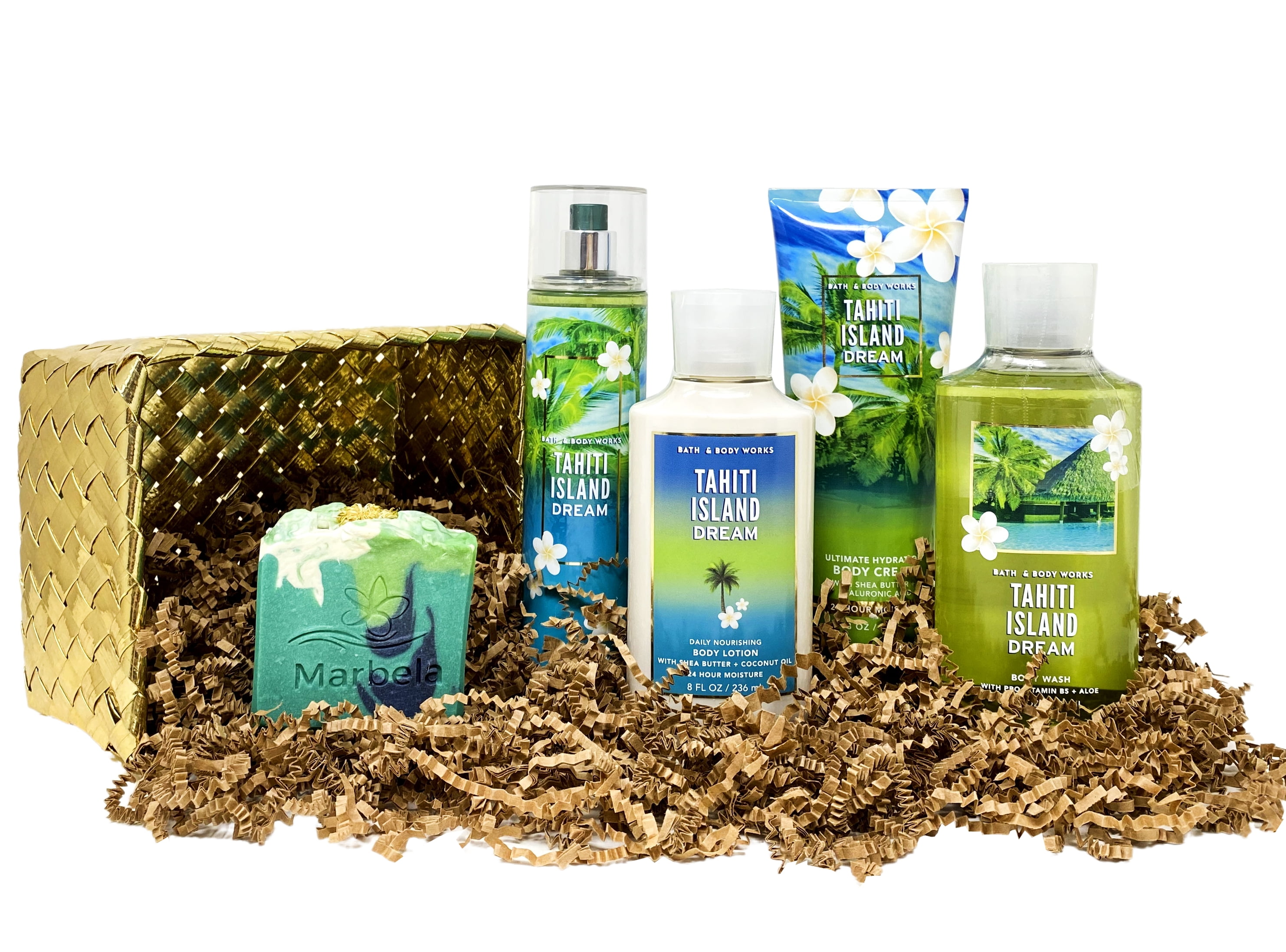 Bath And Body Works Tahiti Island Dream Deluxe Gold Woven Basket T Set