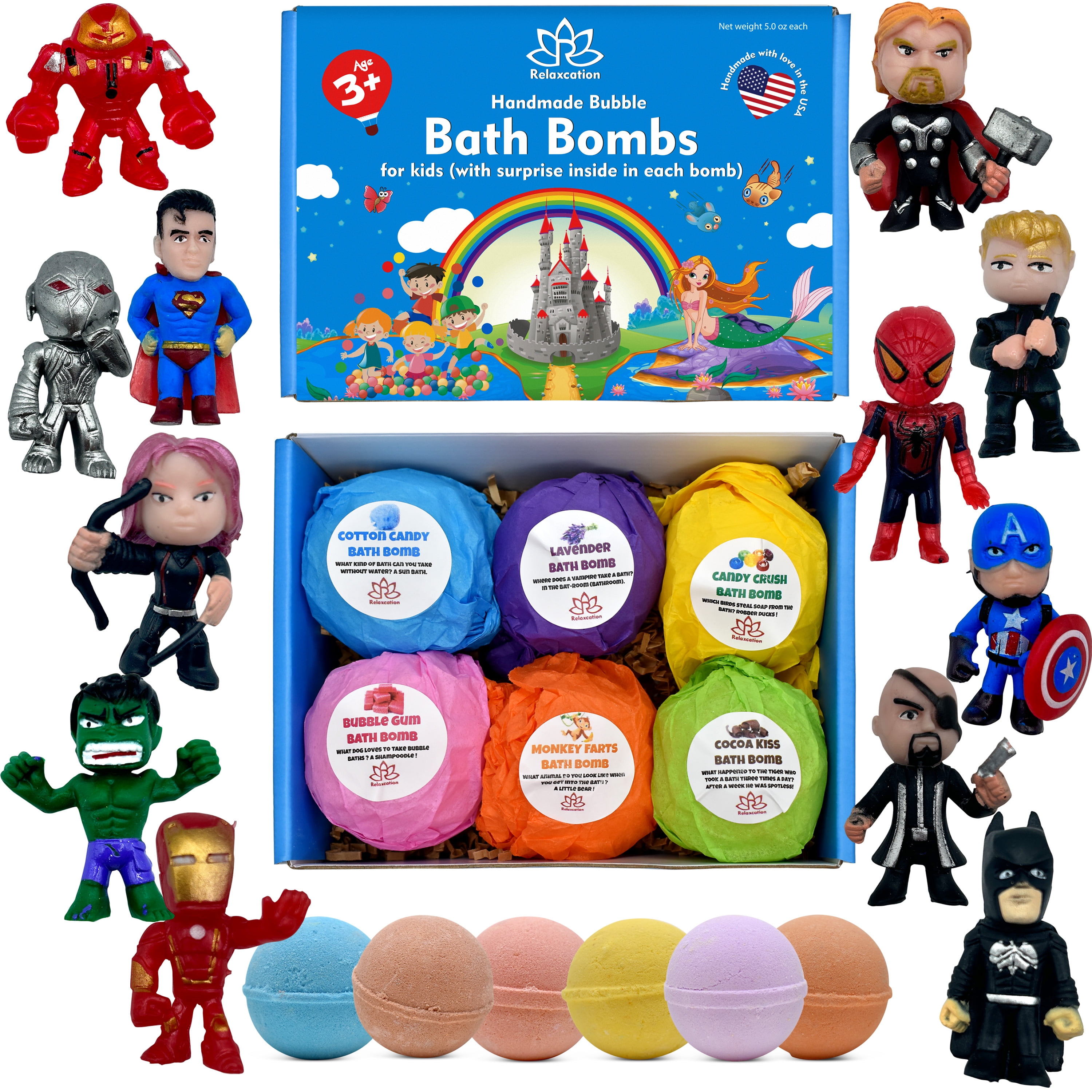 RELAXCATION Superhero Bath Bombs for Kids, 6-Pack, Toys Inside ...