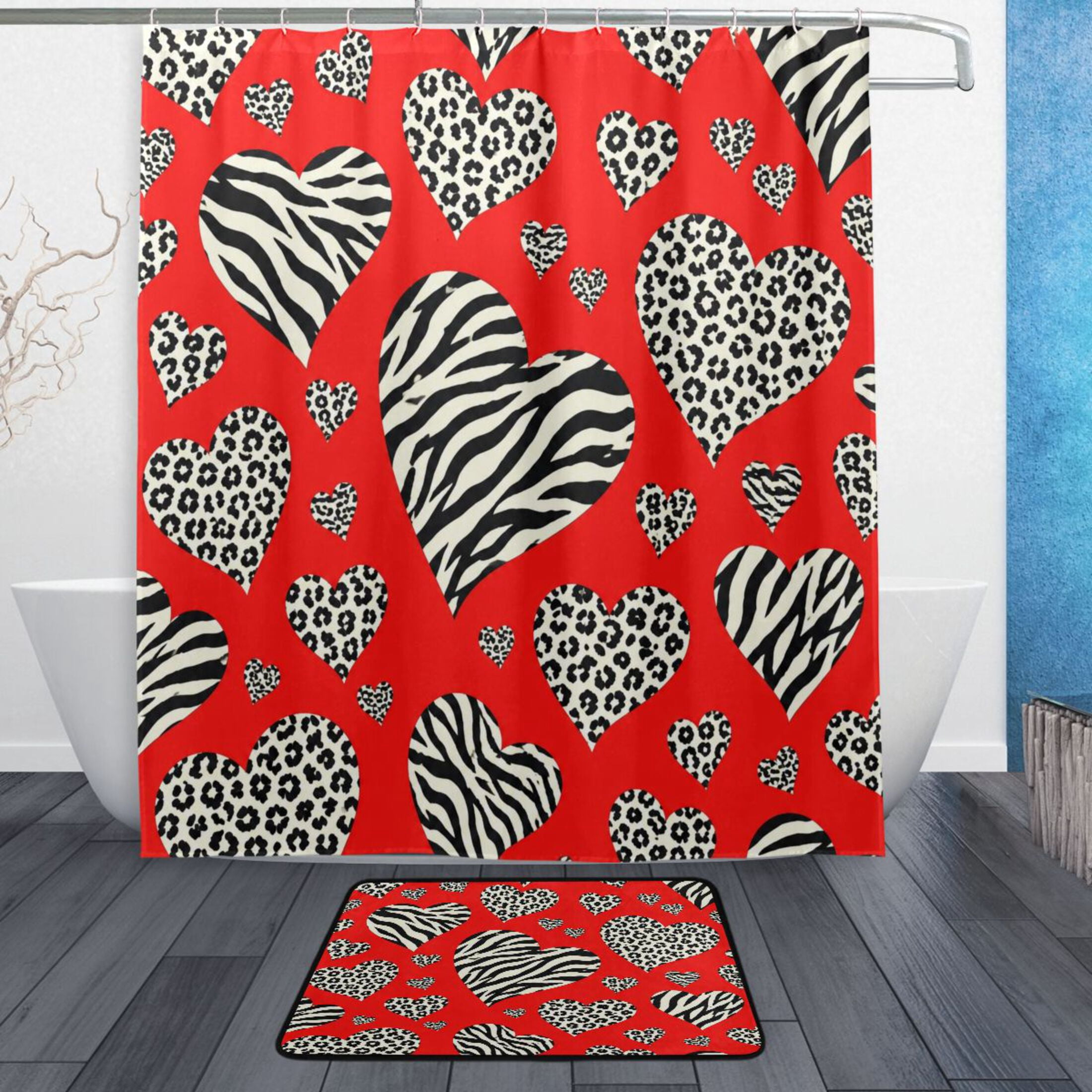 Bath Curtain & 60x72in Non-Slip Bath Mat Set 12-Grommet Shower Curtain ...