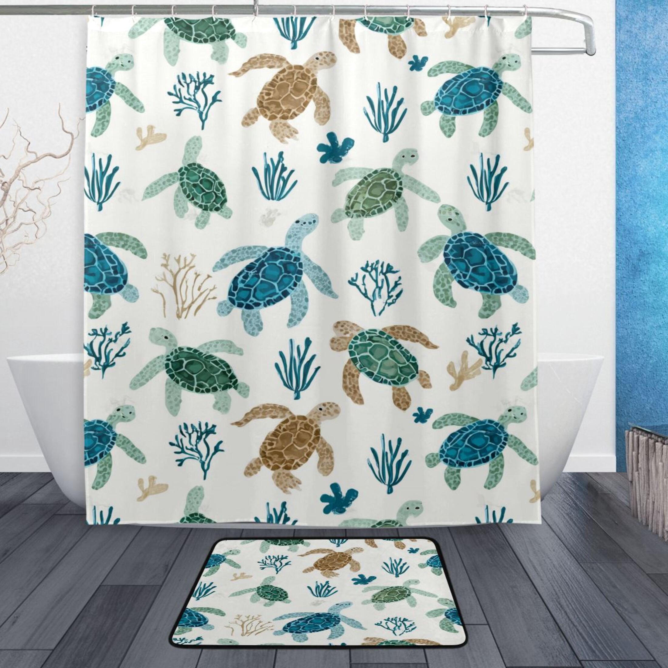 Bath Curtain & 60x72in Non-Slip Bath Mat Set 12-Grommet Shower Curtain ...