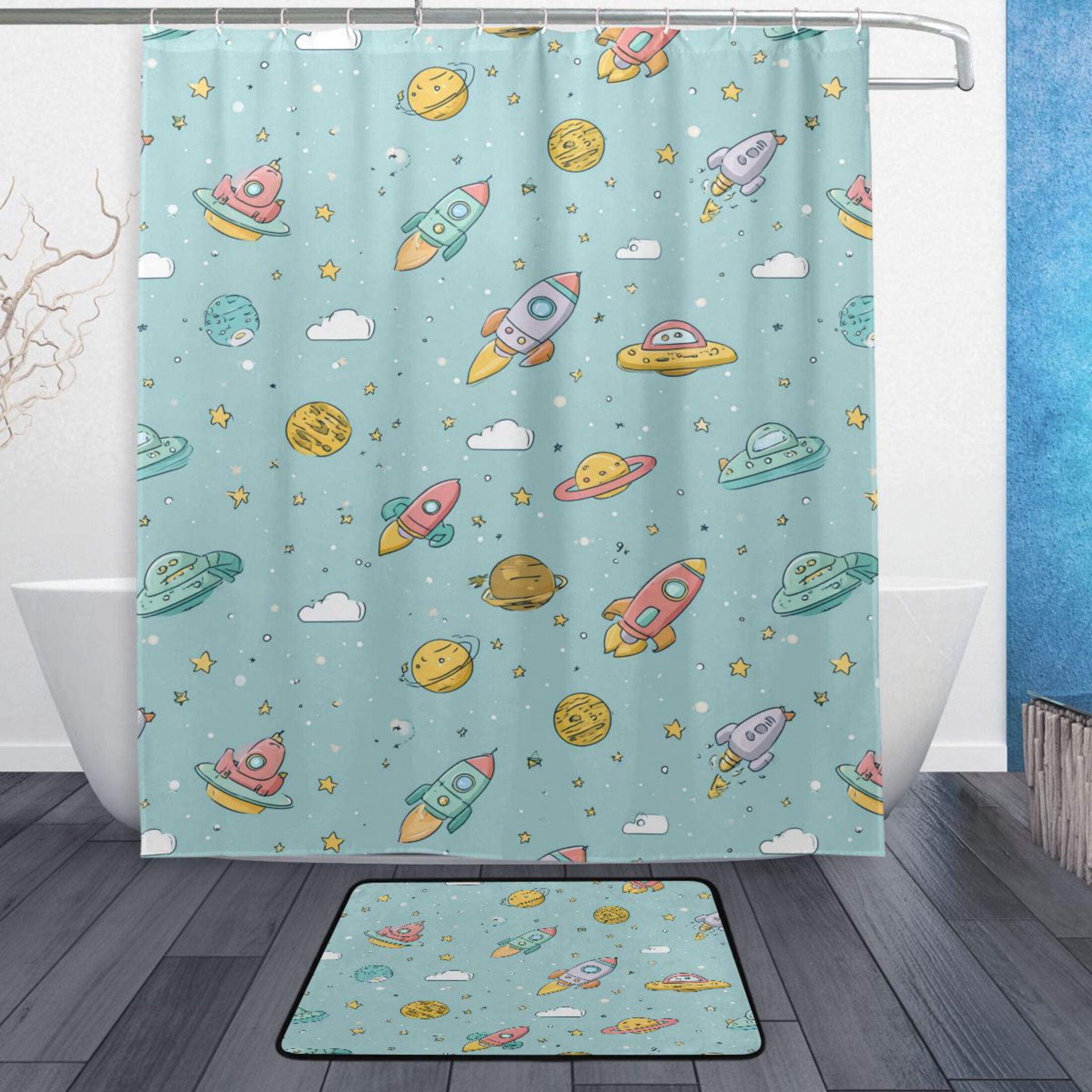 Bath Curtain & 60x72in Non-Slip Bath Mat Set 12-Grommet Shower Curtain ...