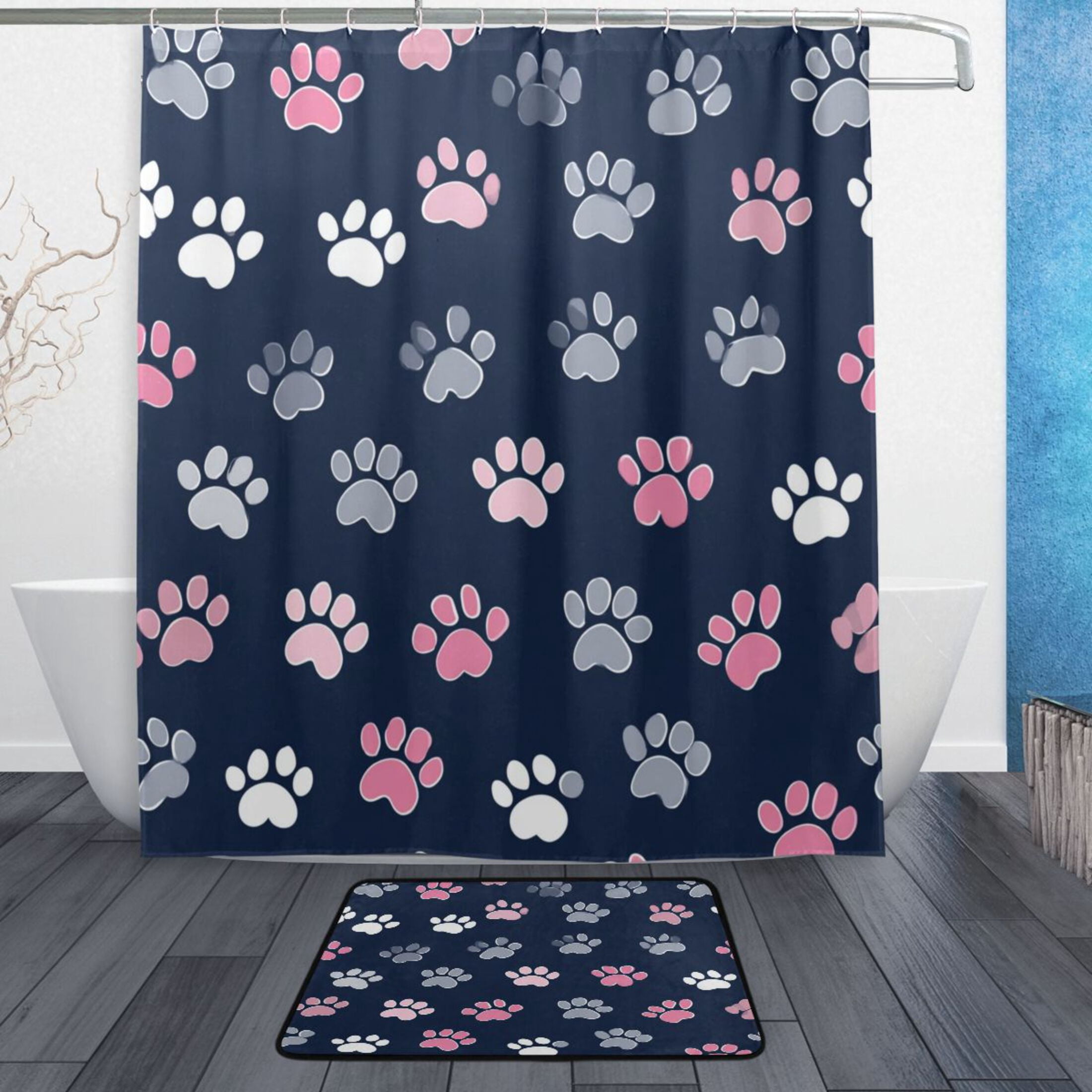 Bath Curtain & 60x72in Non-Slip Bath Mat Set 12-Grommet Shower Curtain ...