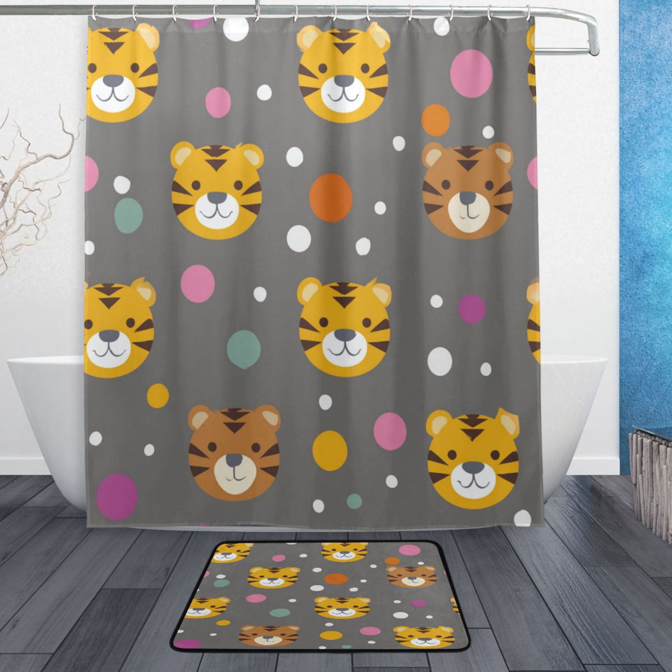 Bath Curtain & 60x72in Non-Slip Bath Mat Set 12-Grommet Shower Curtain ...