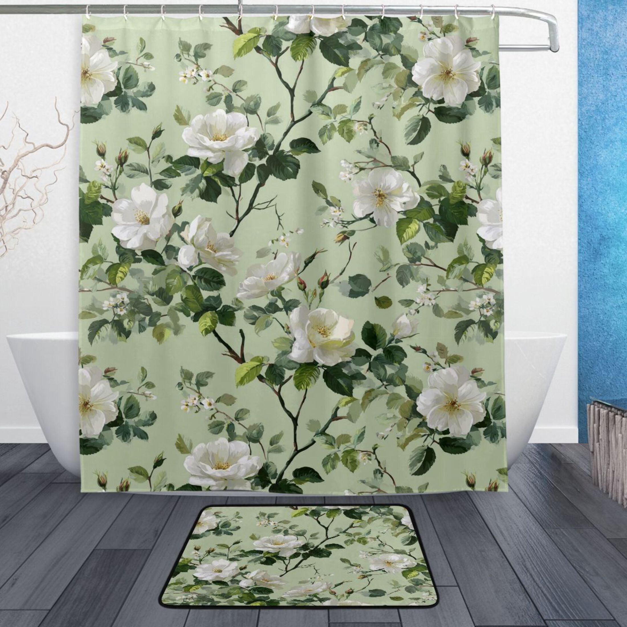 Bath Curtain & 60x72in Non-Slip Bath Mat Set 12-Grommet Shower Curtain ...