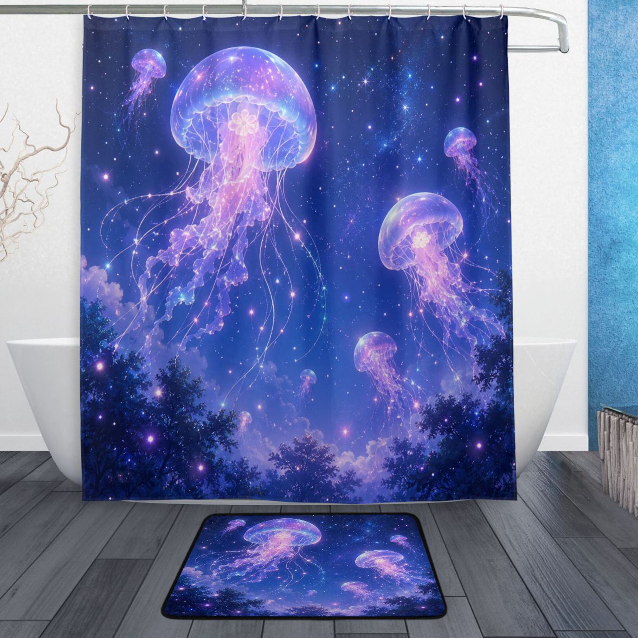 Bath Curtain & 60x72in Non-Slip Bath Mat Set 12-Grommet Shower Curtain ...