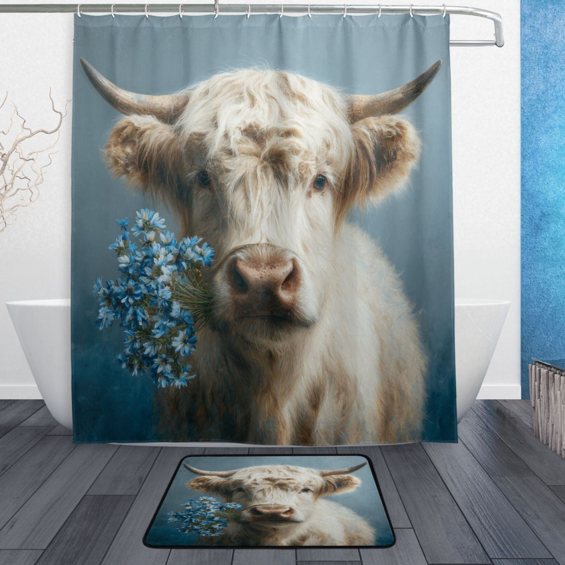 Bath Curtain & 60x72in Non-Slip Bath Mat Set 12-Grommet Shower Curtain ...