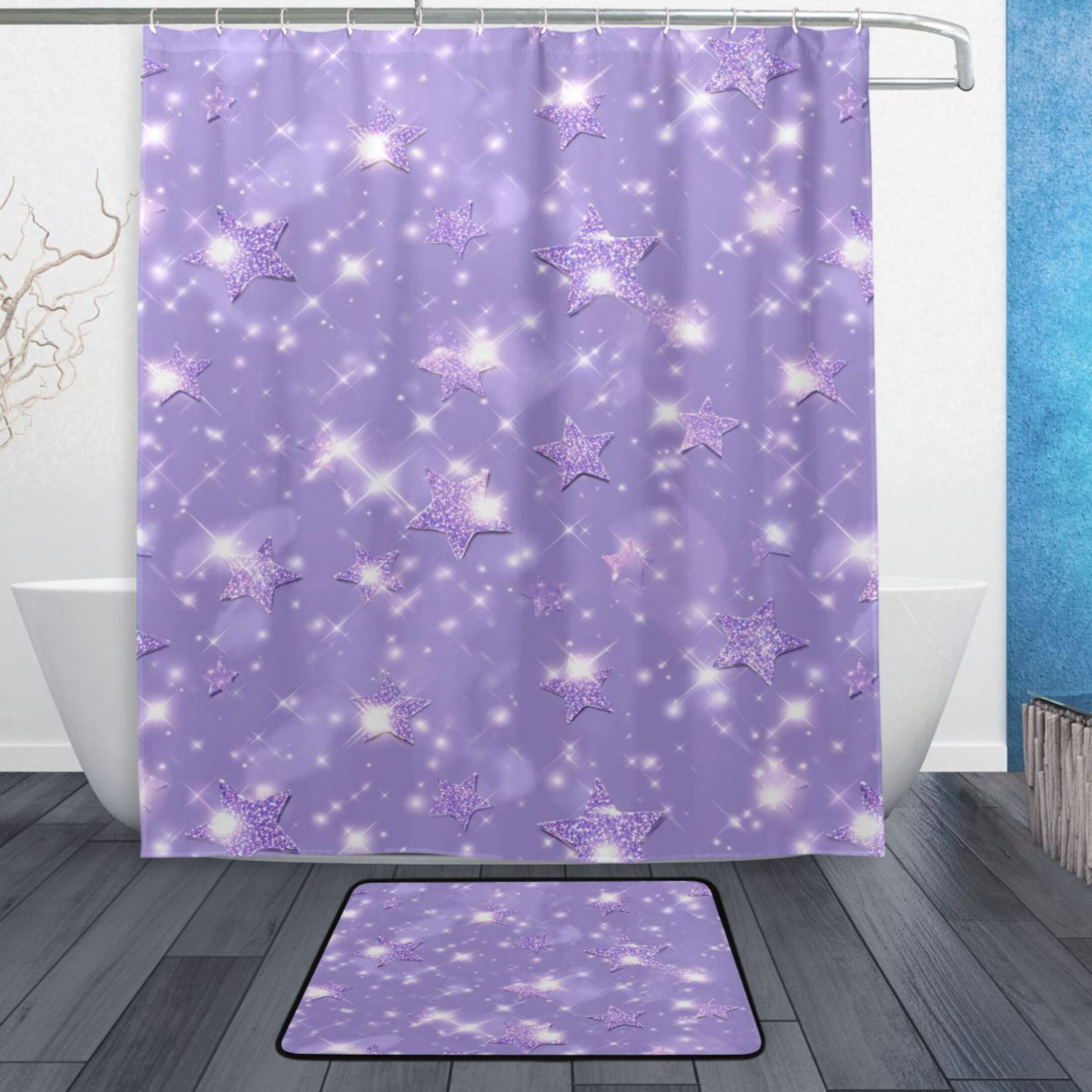 Bath Curtain & 60x72in Non-Slip Bath Mat Set 12-Grommet Shower Curtain ...