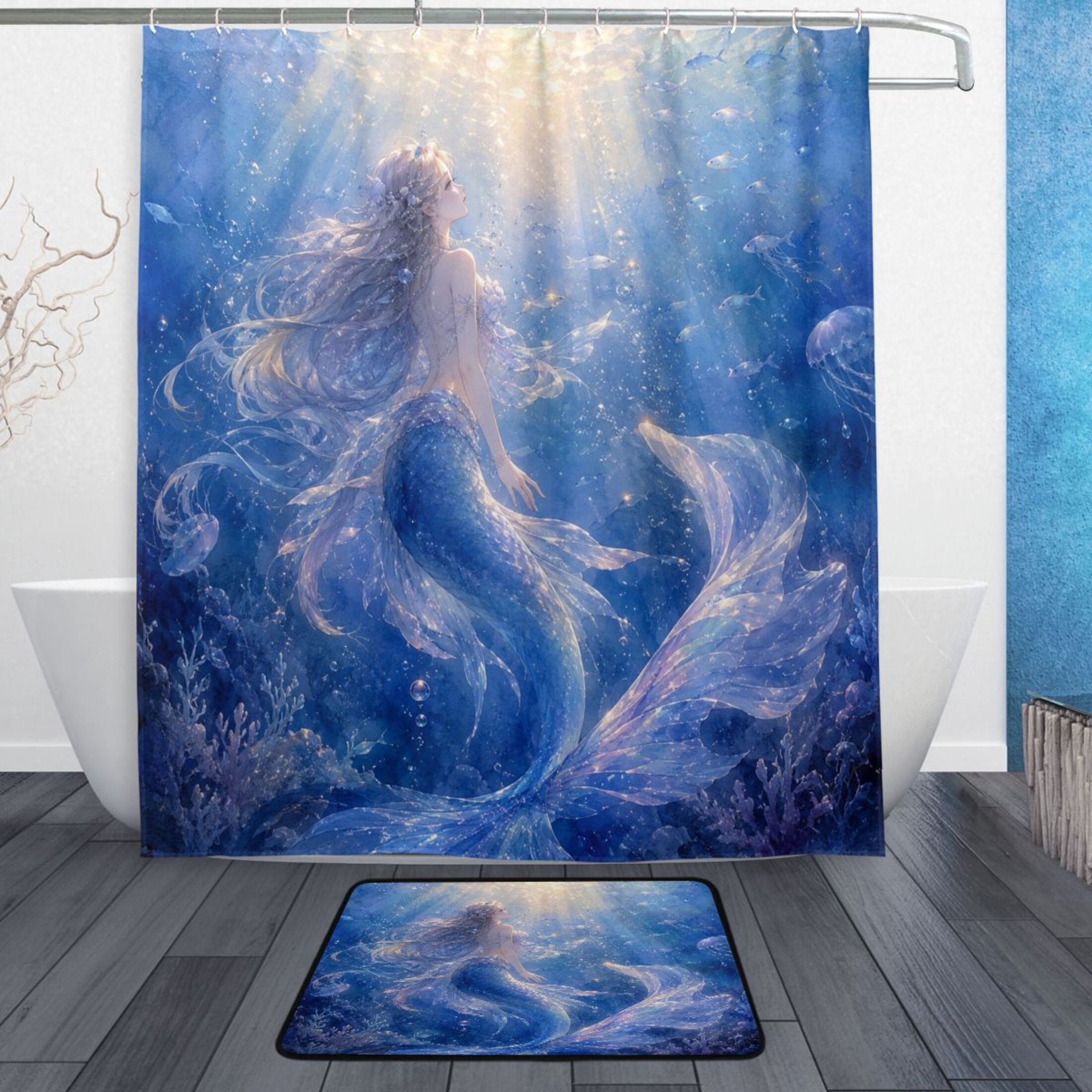 Bath Curtain & 60x72in Non-Slip Bath Mat Set 12-Grommet Shower Curtain ...