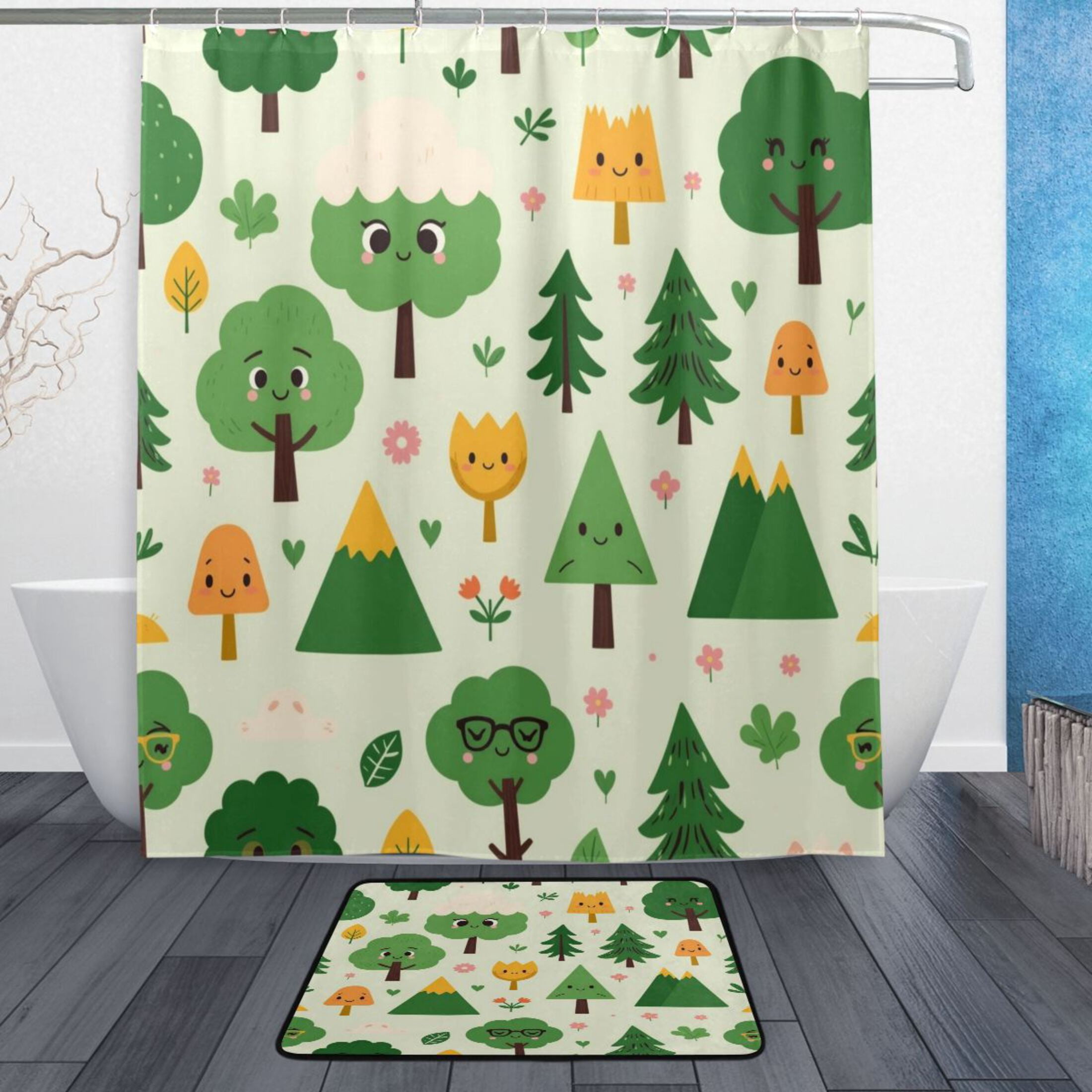 Bath Curtain & 60x72in Non-Slip Bath Mat Set 12-Grommet Shower Curtain ...