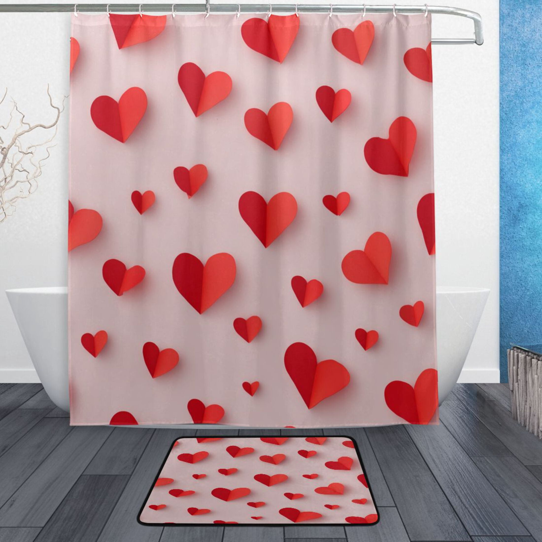 Bath Curtain & 60x72in Non-Slip Bath Mat Set 12-Grommet Shower Curtain ...