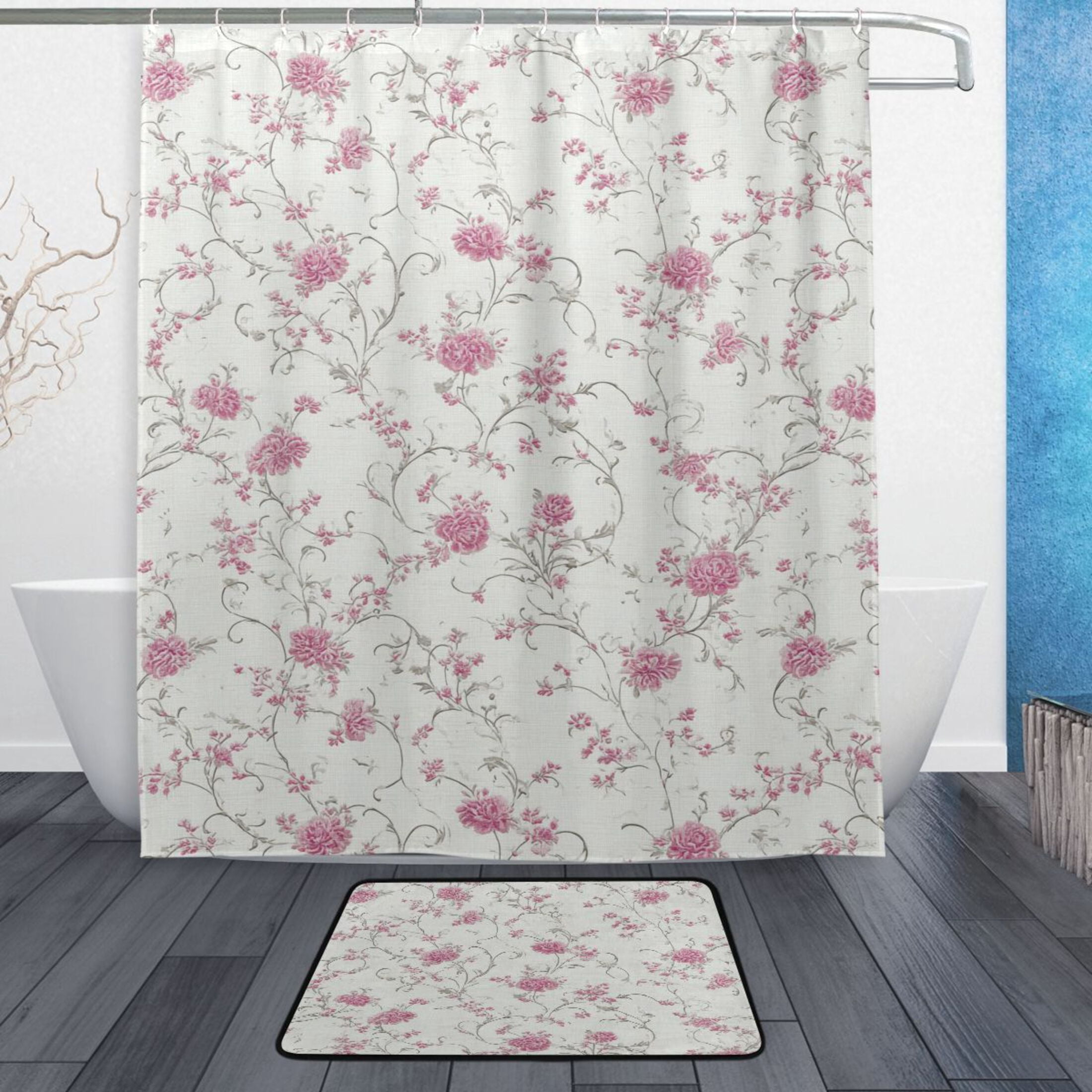 Bath Curtain & 60x72in Non-Slip Bath Mat Set 12-Grommet Shower Curtain ...
