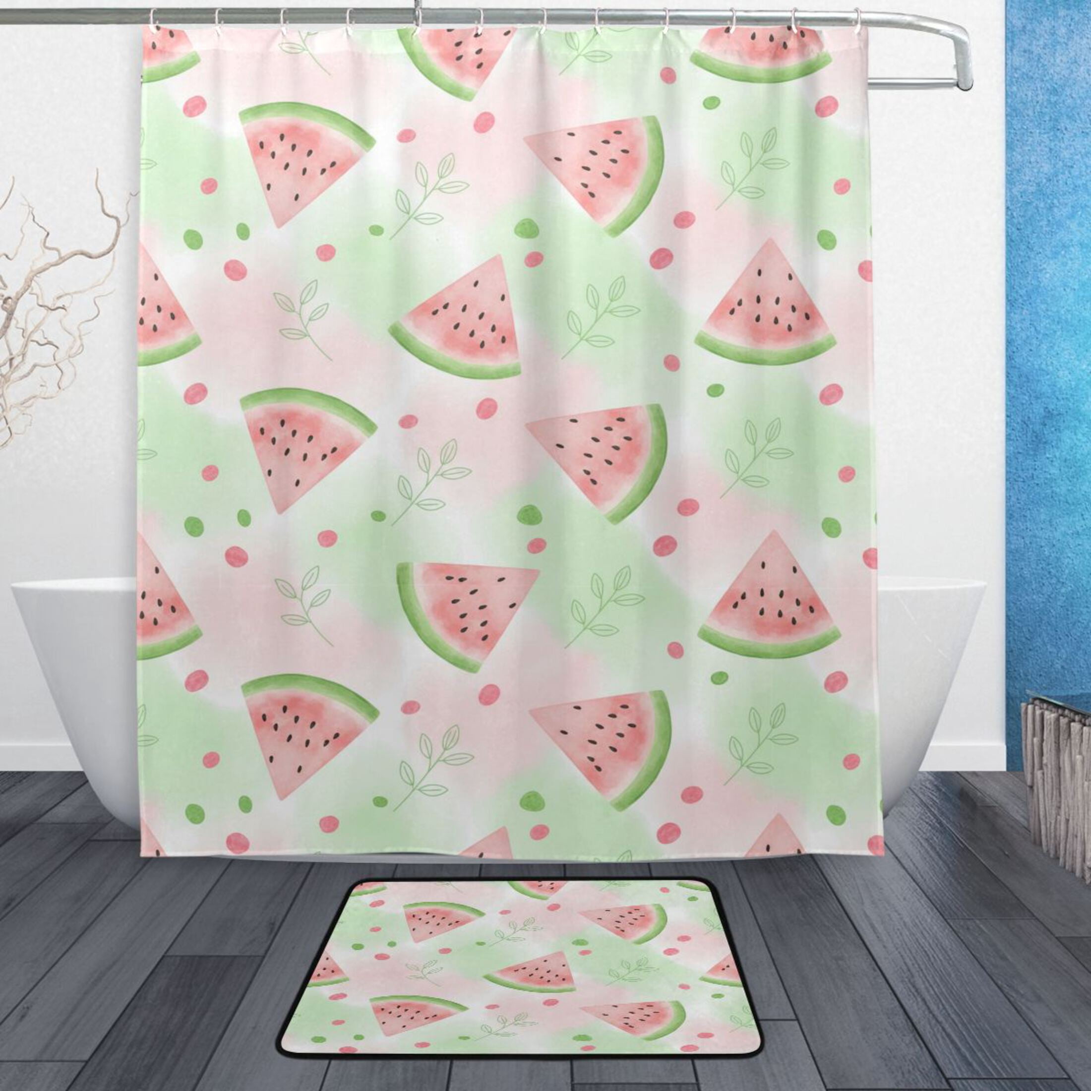 Bath Curtain & 60x72in Non-Slip Bath Mat Set 12-Grommet Shower Curtain ...