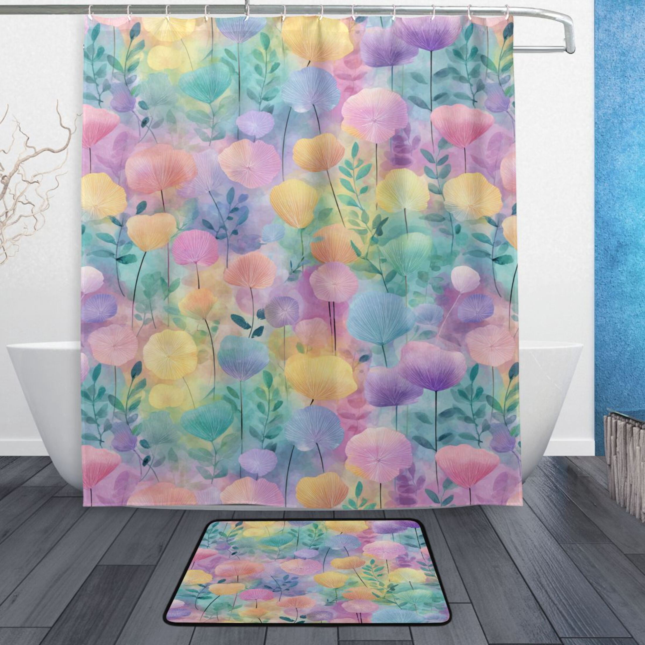 Bath Curtain & 60x72in Non-Slip Bath Mat Set 12-Grommet Shower Curtain ...