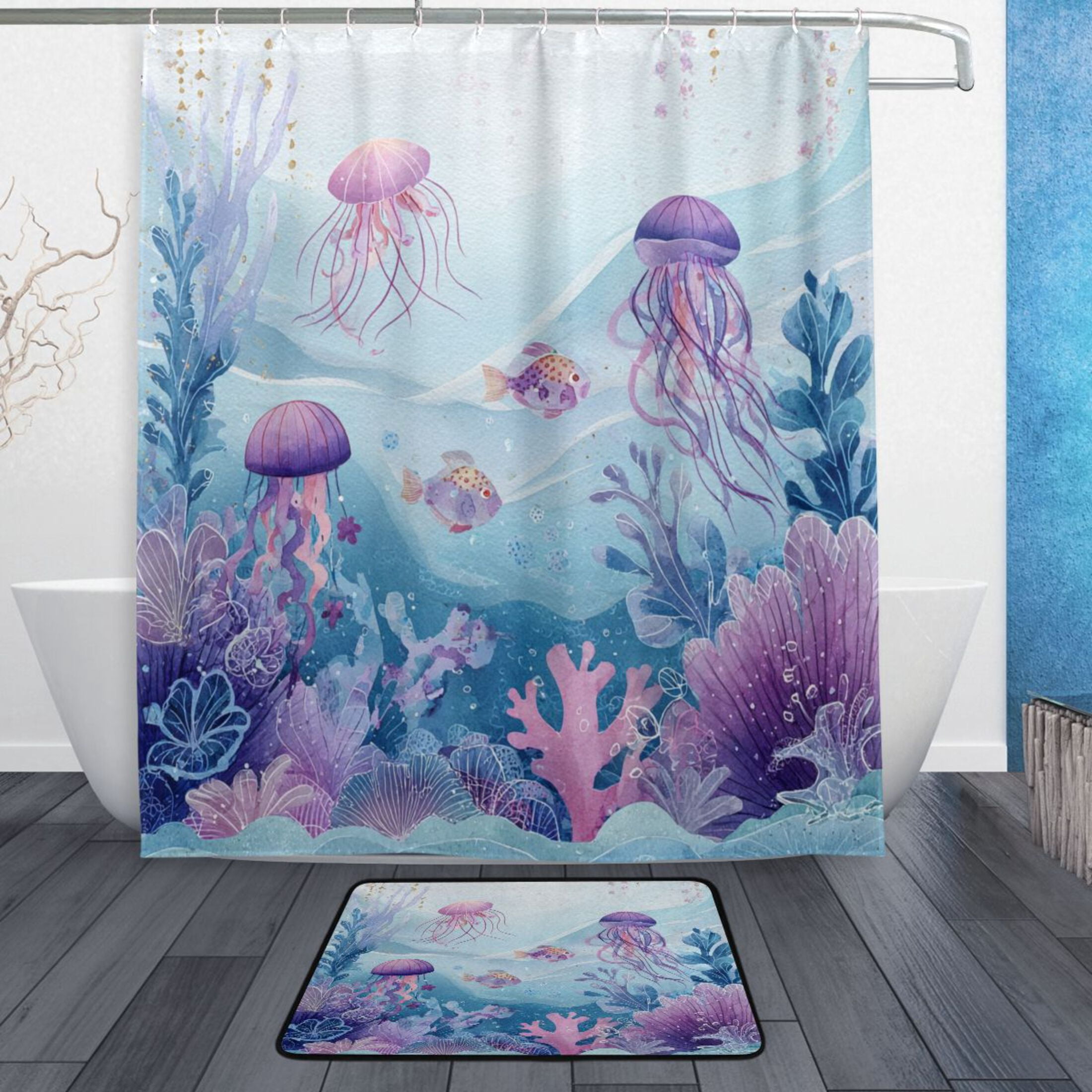 Bath Curtain & 60x72in Non-Slip Bath Mat Set 12-Grommet Shower Curtain ...