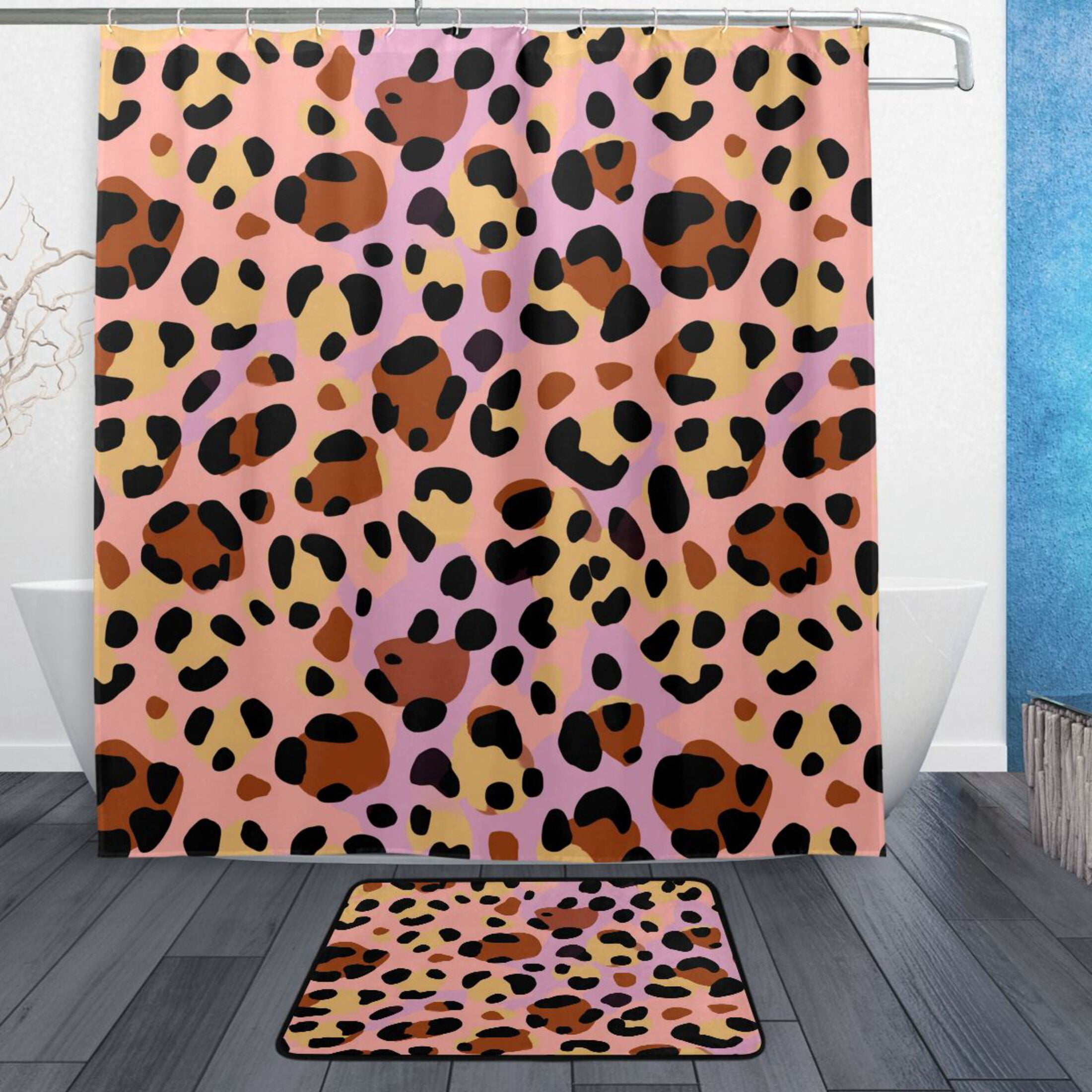Bath Curtain & 66x72in Non-Slip Bath Mat Set 12-Grommet Shower Curtain ...