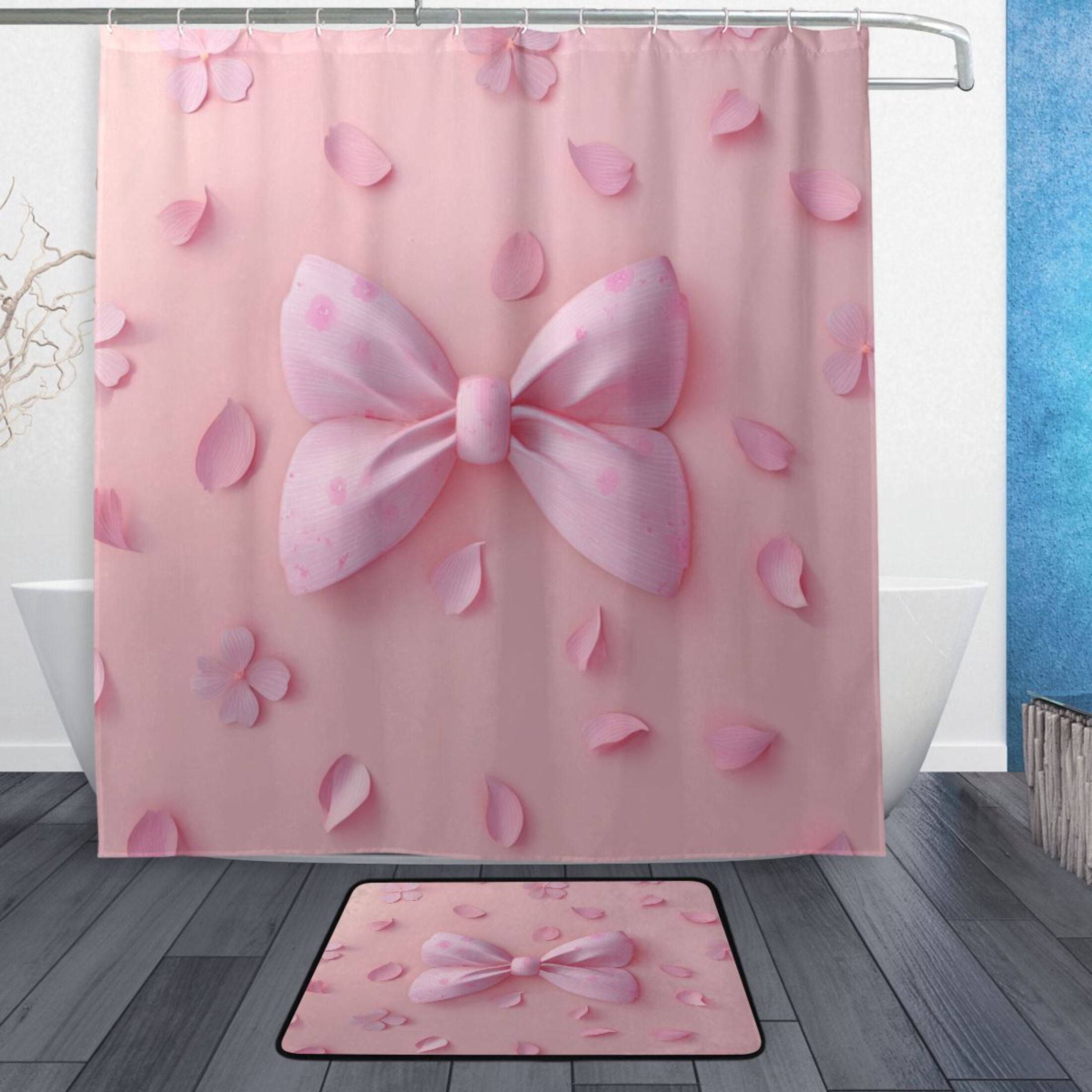 Bath Curtain & 66x72in Non-Slip Bath Mat Set 12-Grommet Shower Curtain ...