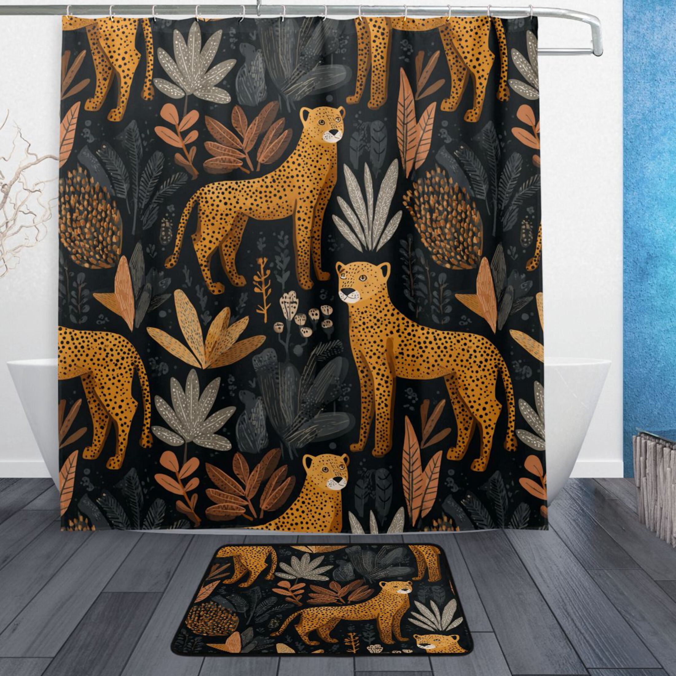 Bath Curtain & 66x72in Non-Slip Bath Mat Set 12-Grommet Shower Curtain ...