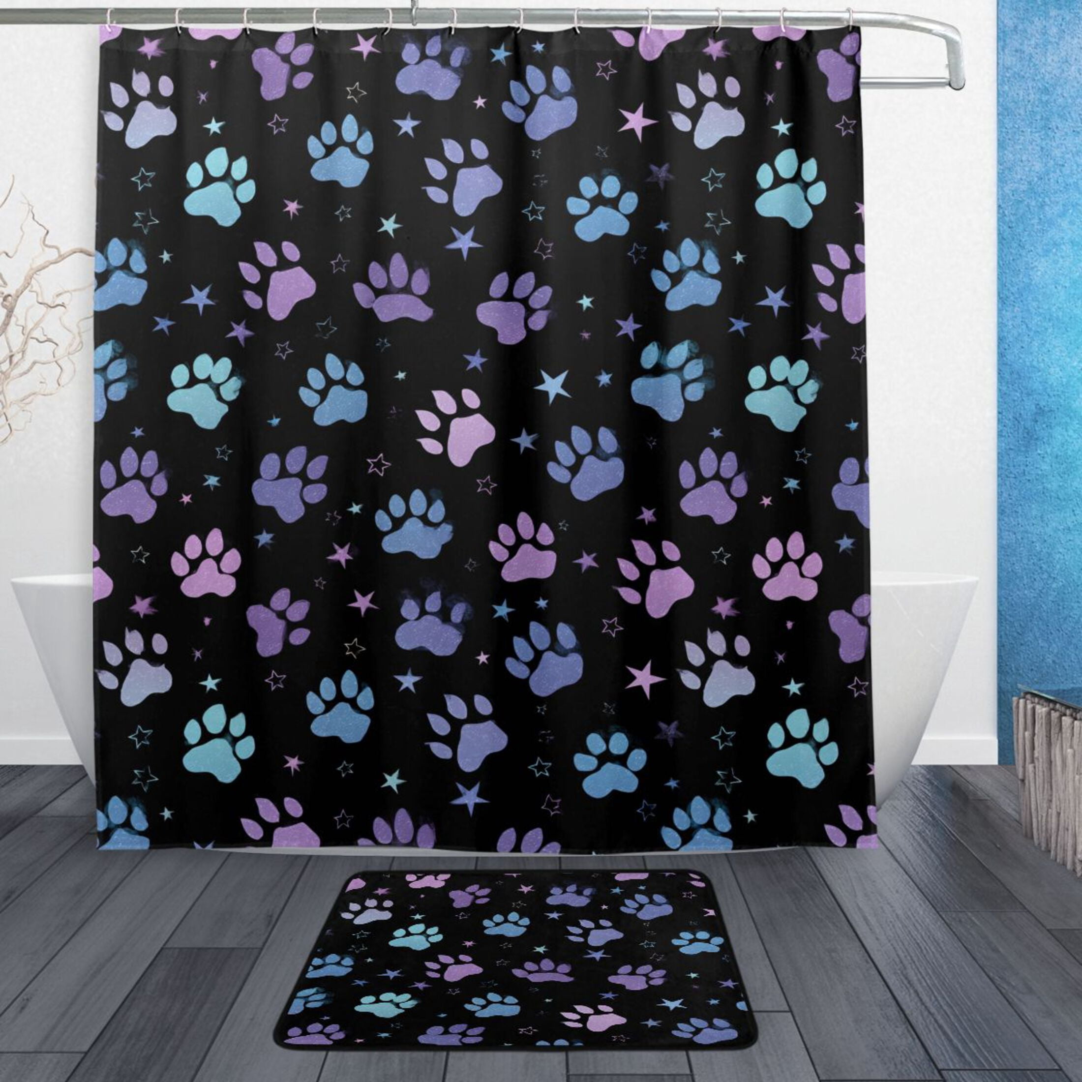 Bath Curtain & 66x72in Non-Slip Bath Mat Set 12-Grommet Shower Curtain ...