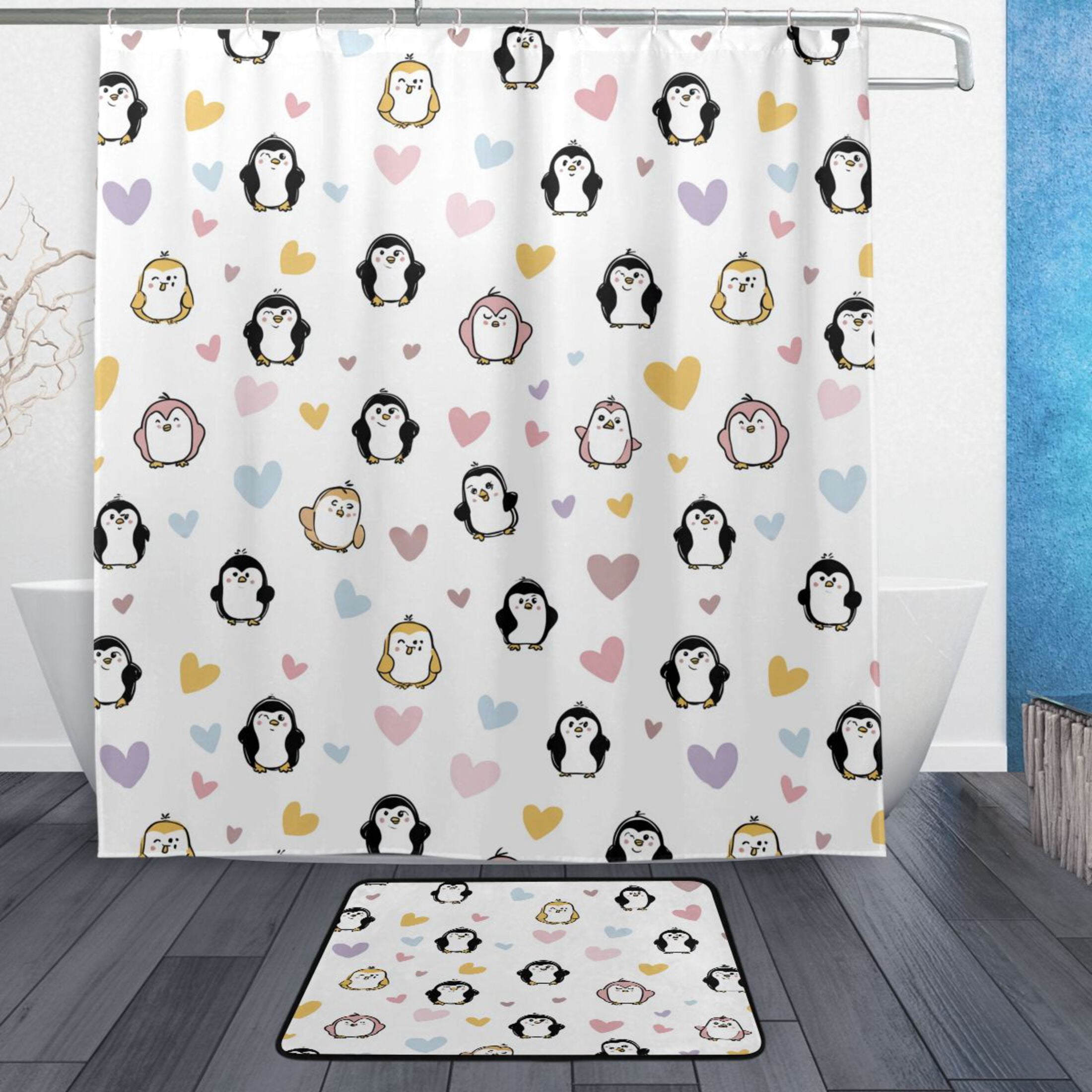 Bath Curtain & 66x72in Non-Slip Bath Mat Set 12-Grommet Shower Curtain ...