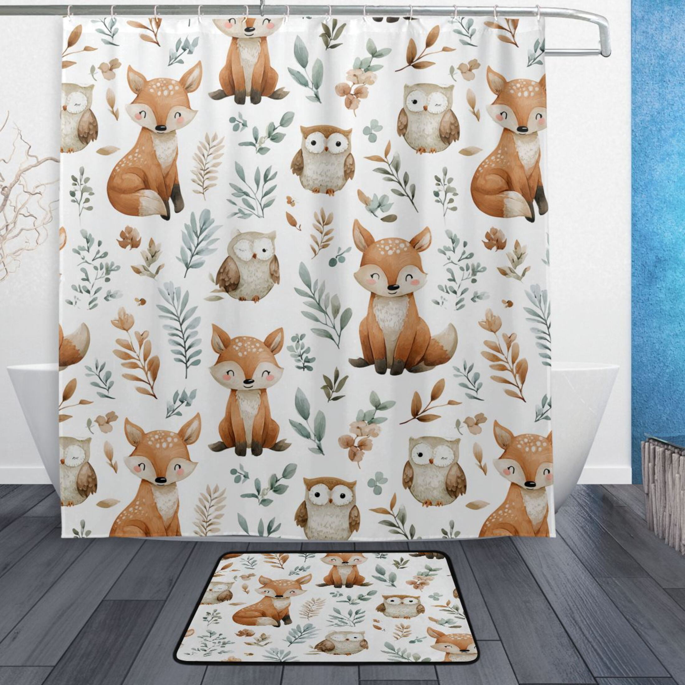 Bath Curtain & 66x72in Non-Slip Bath Mat Set 12-Grommet Shower Curtain ...