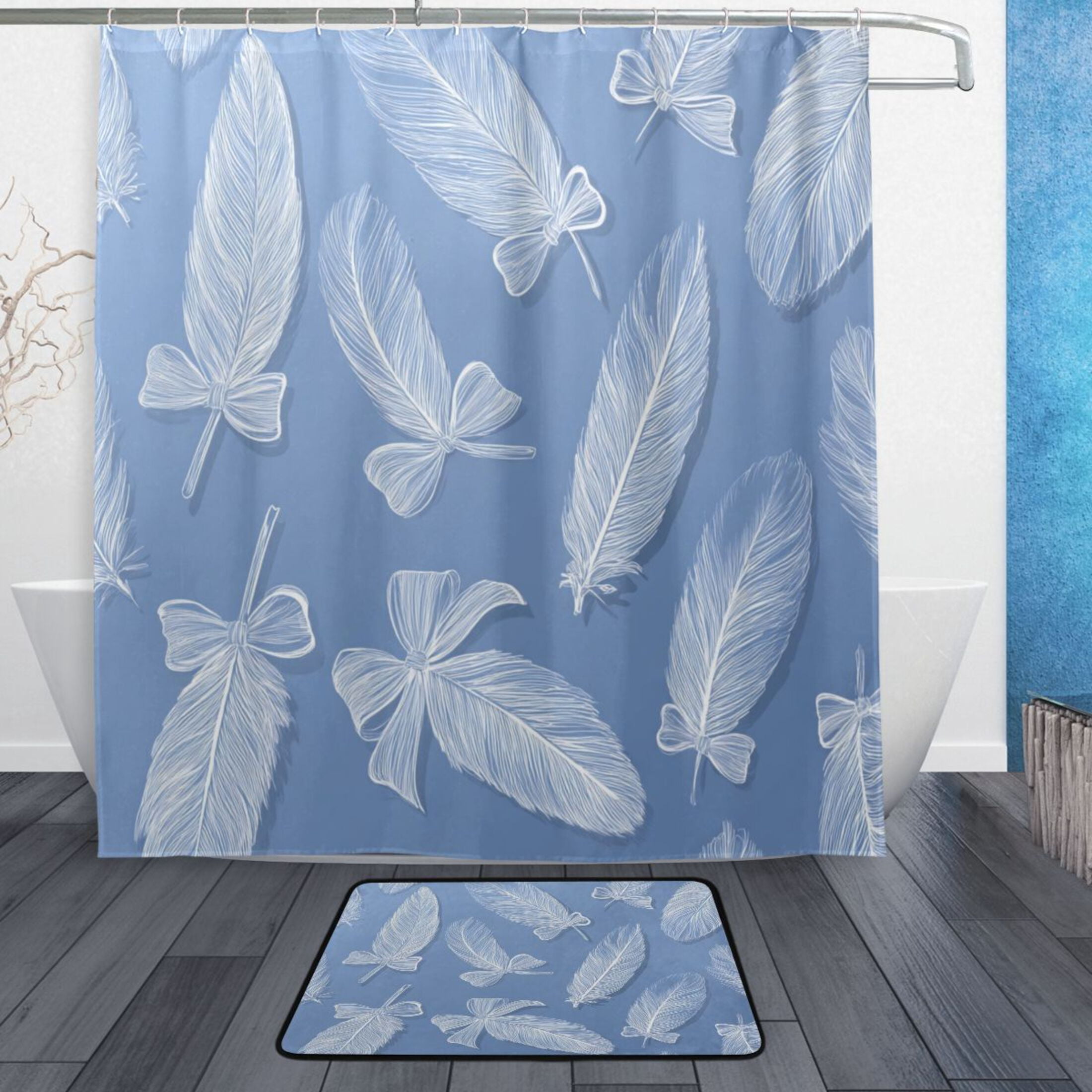 Bath Curtain & 66x72in Non-Slip Bath Mat Set 12-Grommet Shower Curtain ...