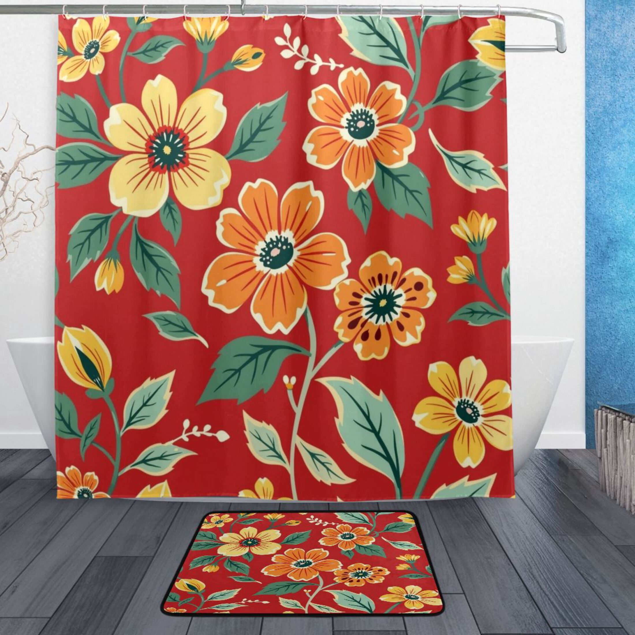 Bath Curtain & 66x72in Non-Slip Bath Mat Set 12-Grommet Shower Curtain ...