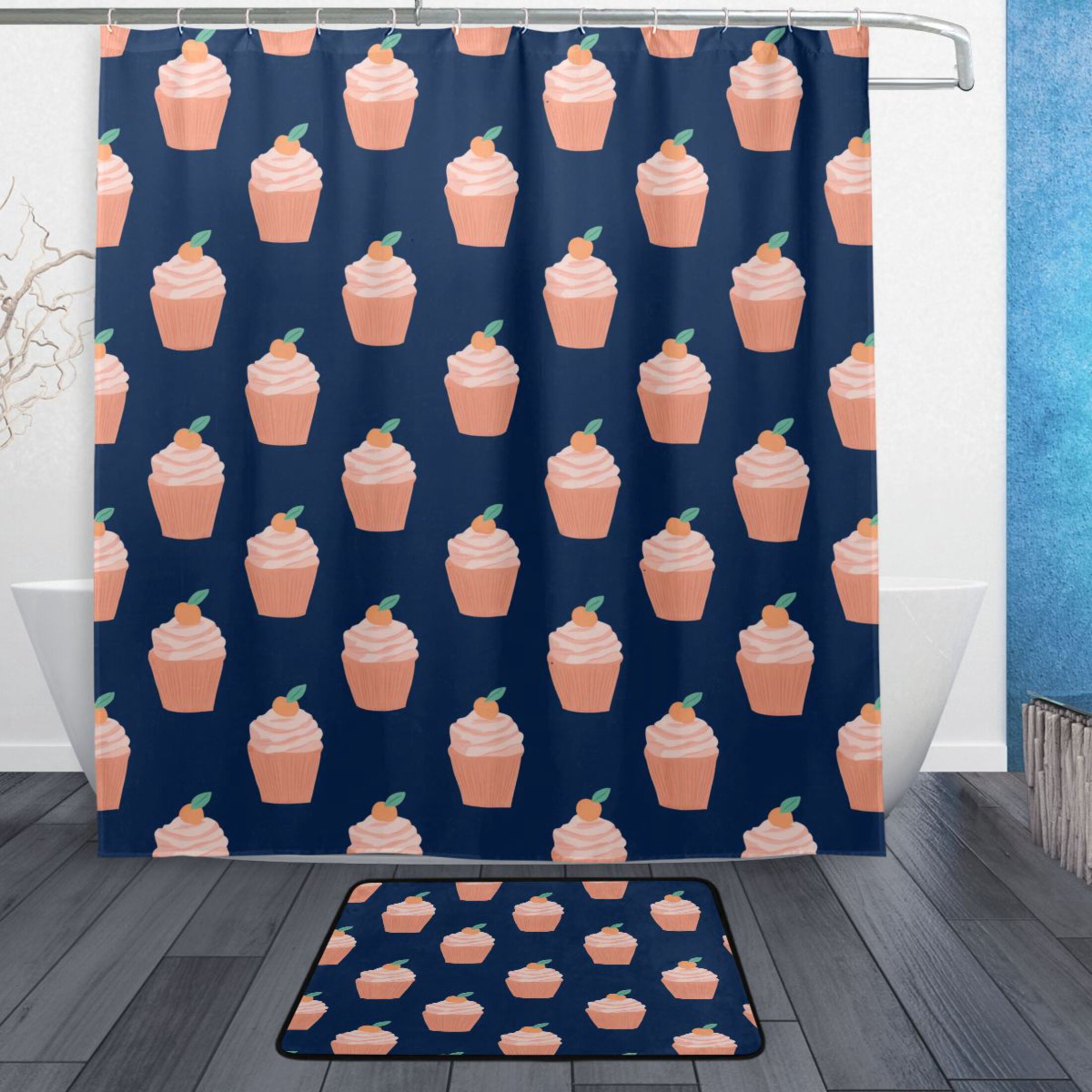 Bath Curtain & 66x72in Non-Slip Bath Mat Set 12-Grommet Shower Curtain ...