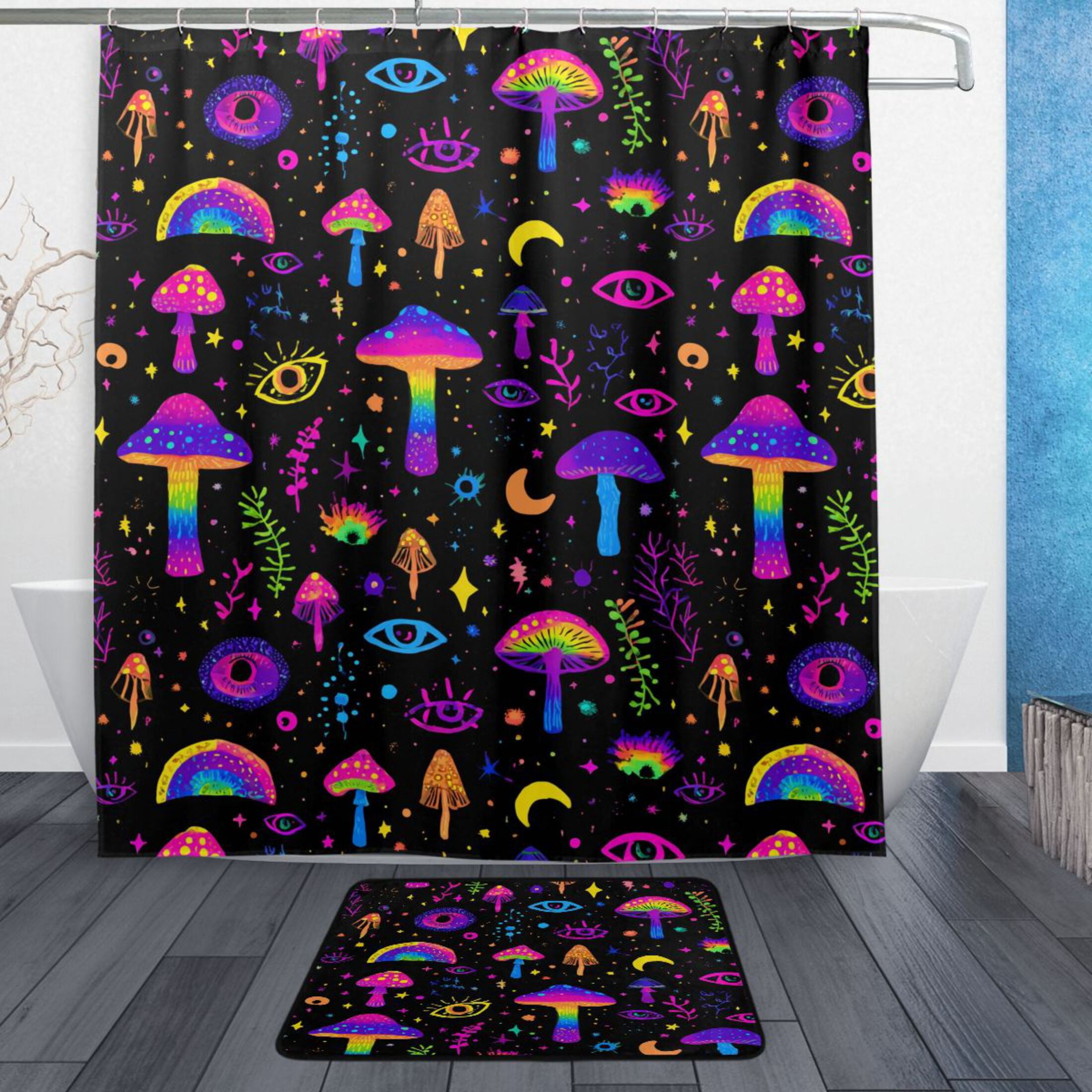 Bath Curtain & 66x72in Non-Slip Bath Mat Set 12-Grommet Shower Curtain ...
