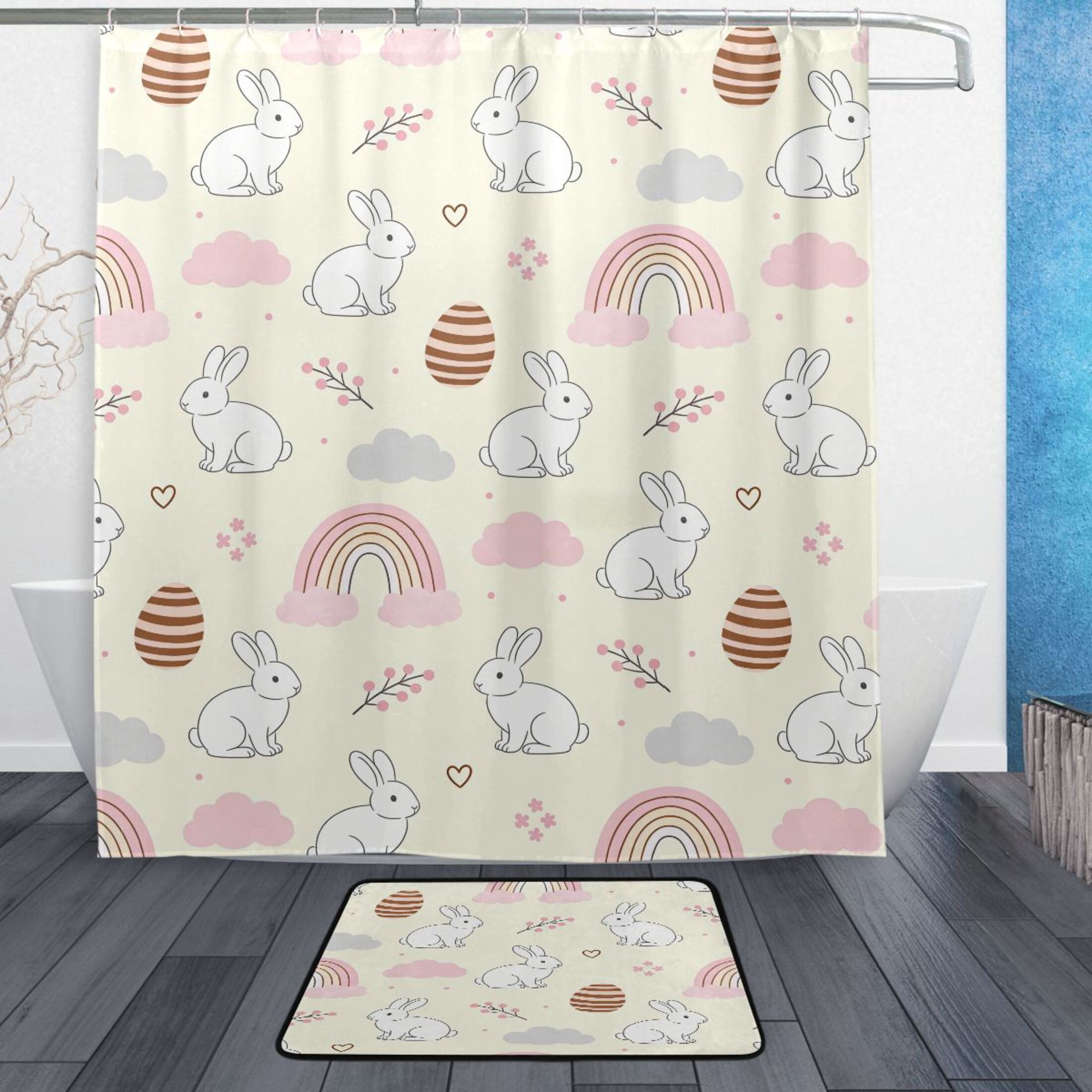 Bath Curtain & 66x72in Non-Slip Bath Mat Set 12-Grommet Shower Curtain ...