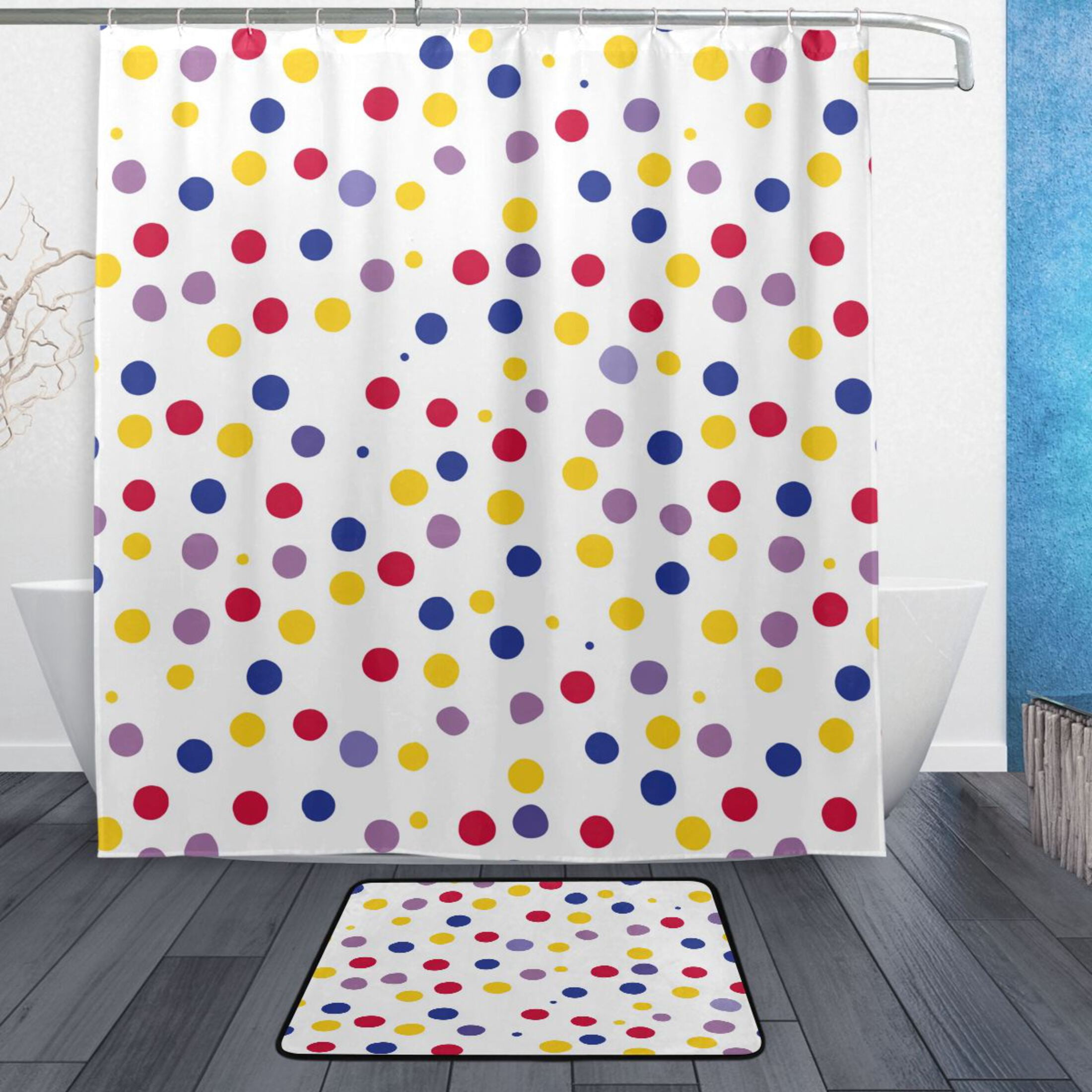 Bath Curtain & 66x72in Non-Slip Bath Mat Set 12-Grommet Shower Curtain ...