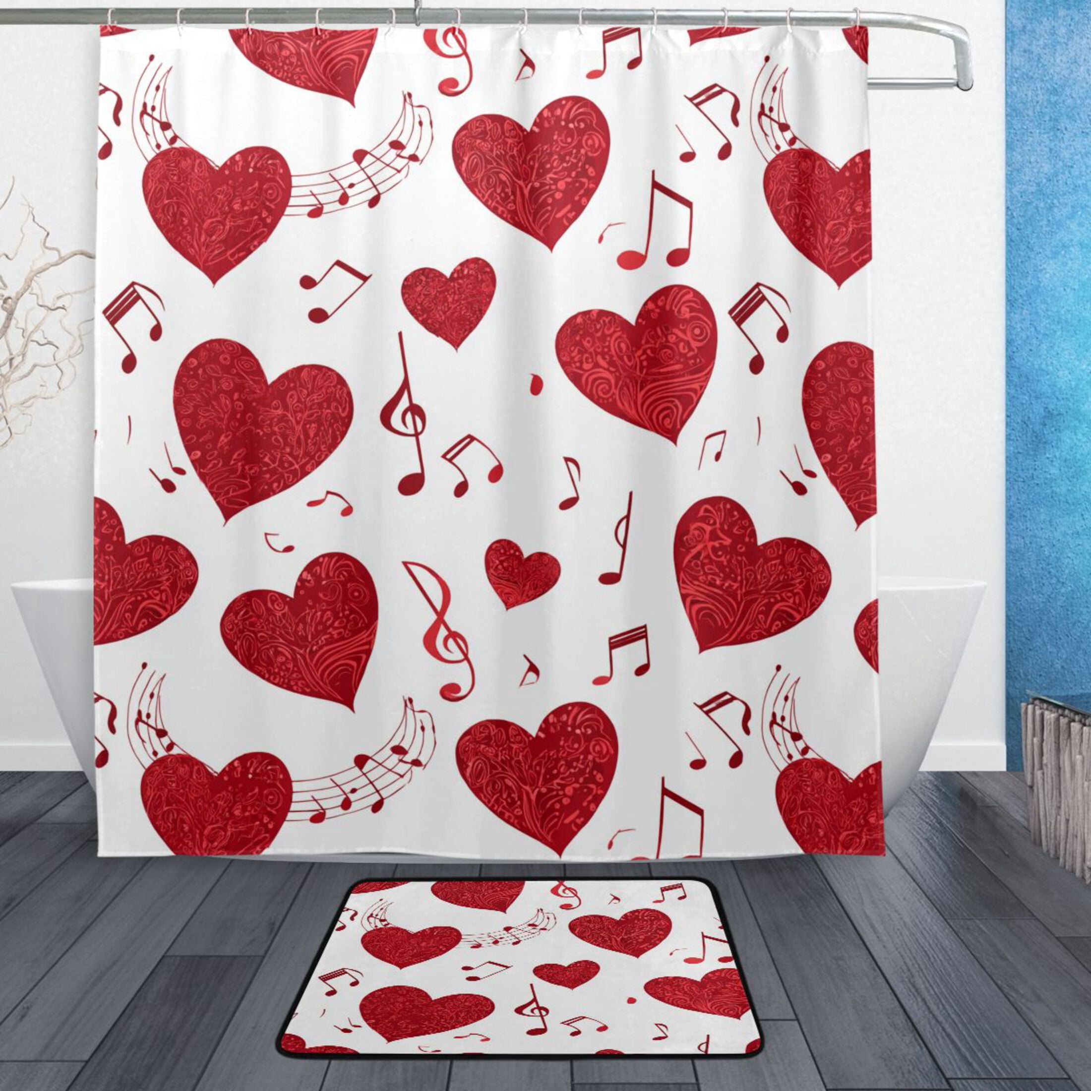 Bath Curtain & 66x72in Non-Slip Bath Mat Set 12-Grommet Shower Curtain ...