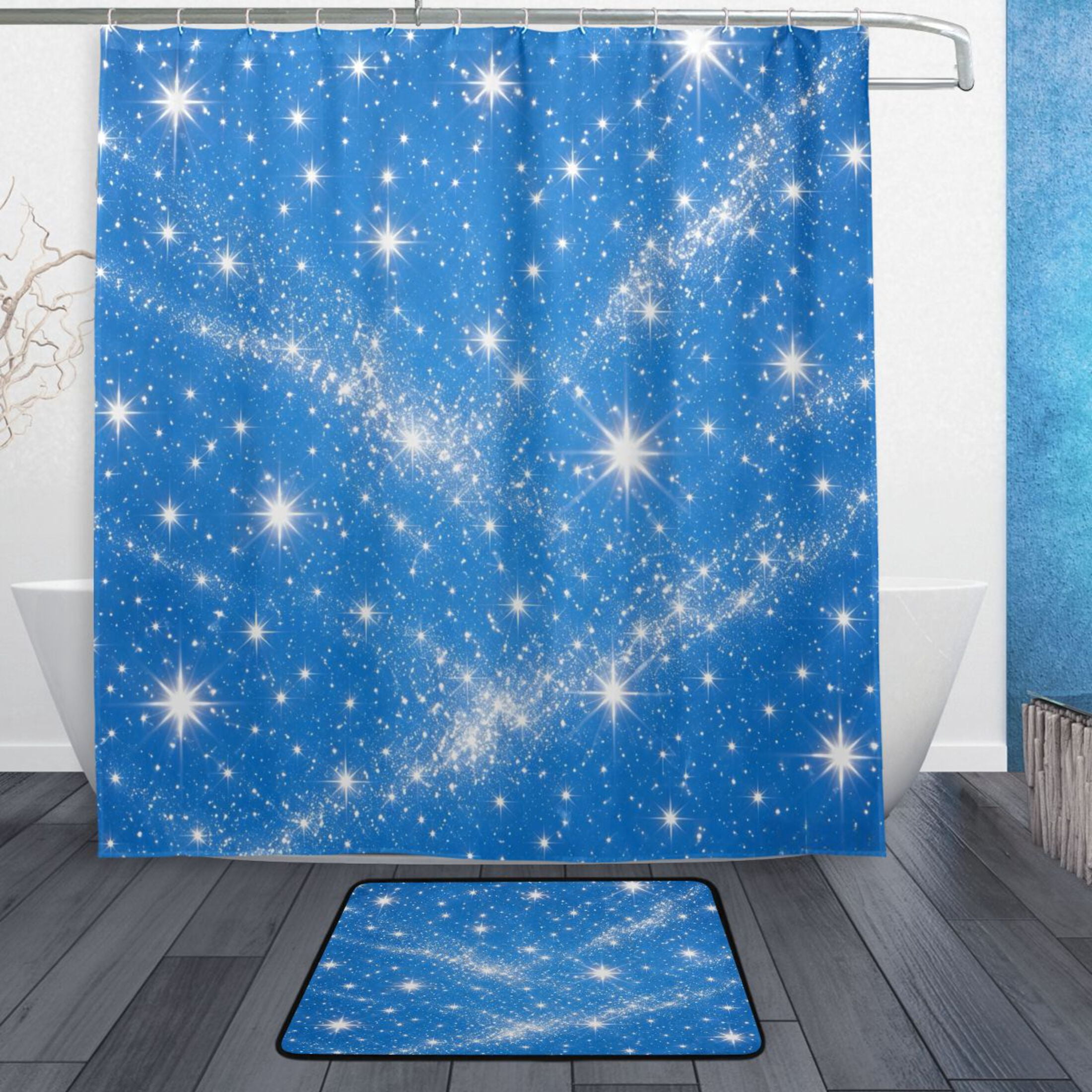 Bath Curtain & 66x72in Non-Slip Bath Mat Set 12-Grommet Shower Curtain ...