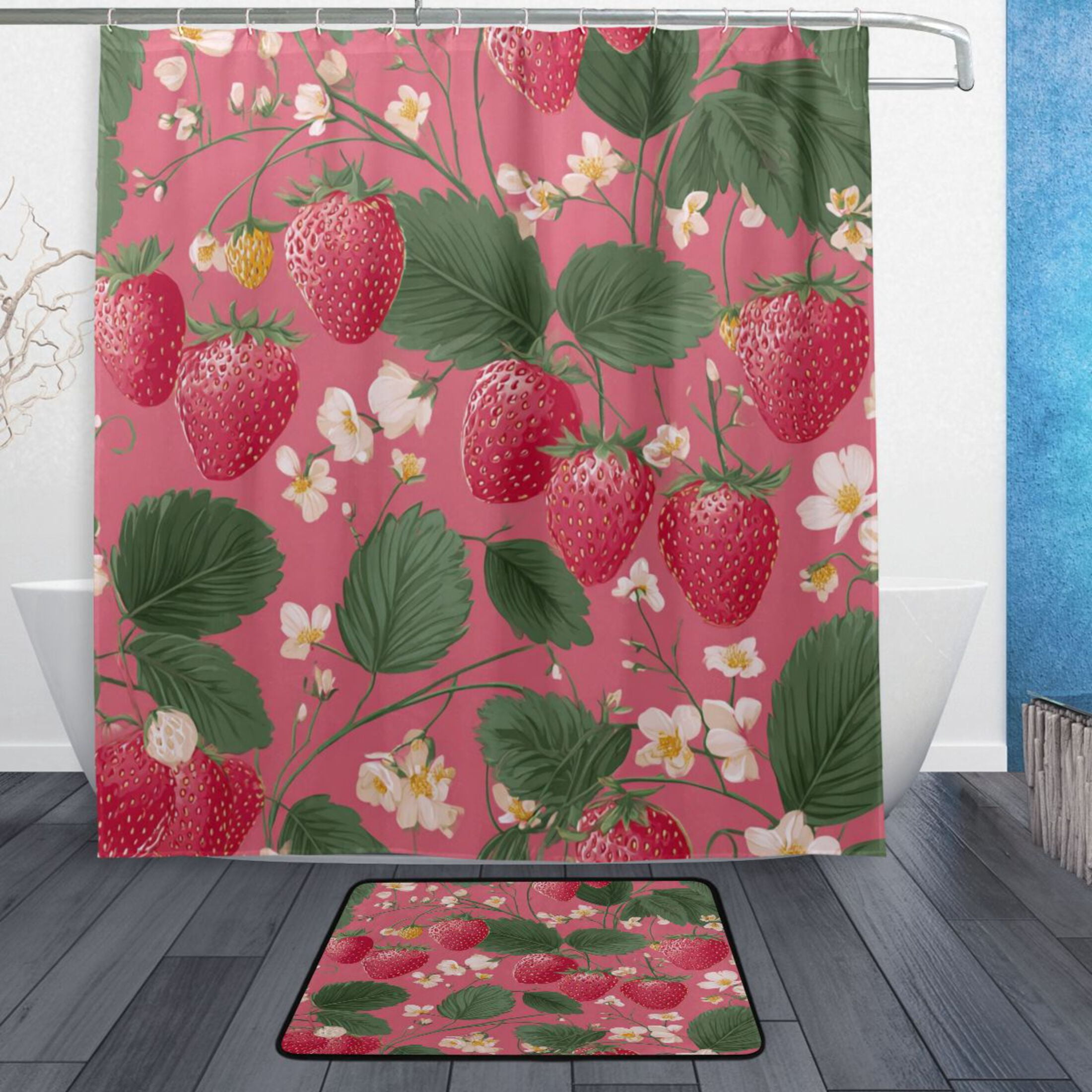 Bath Curtain & 66x72in Non-Slip Bath Mat Set 12-Grommet Shower Curtain ...