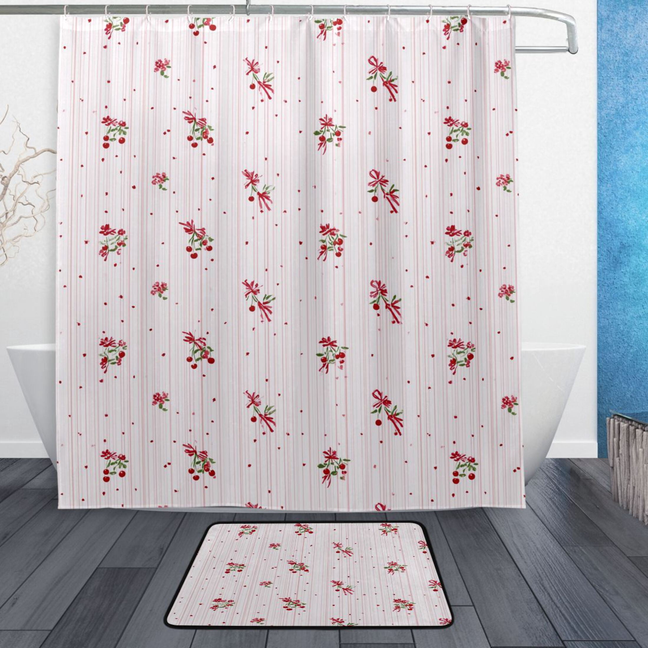 Bath Curtain & 66x72in Non-Slip Bath Mat Set 12-Grommet Shower Curtain ...