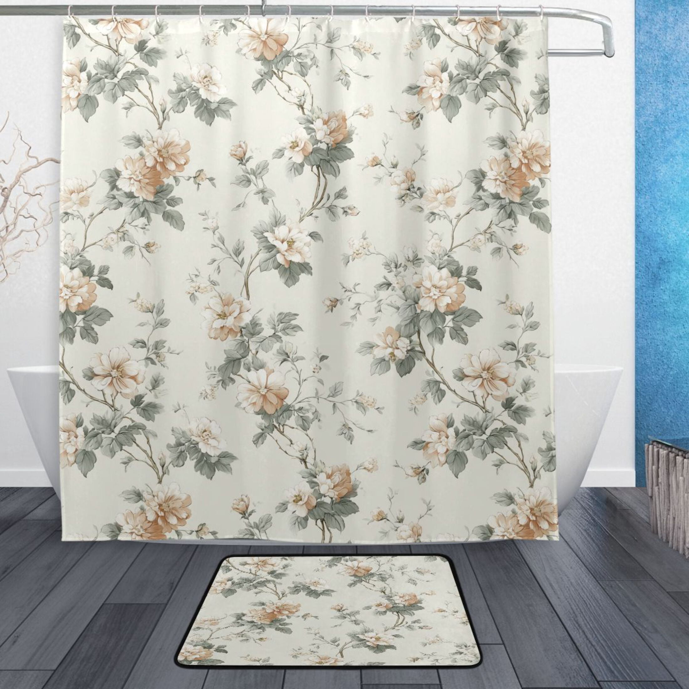 Bath Curtain & 66x72in Non-Slip Bath Mat Set 12-Grommet Shower Curtain ...